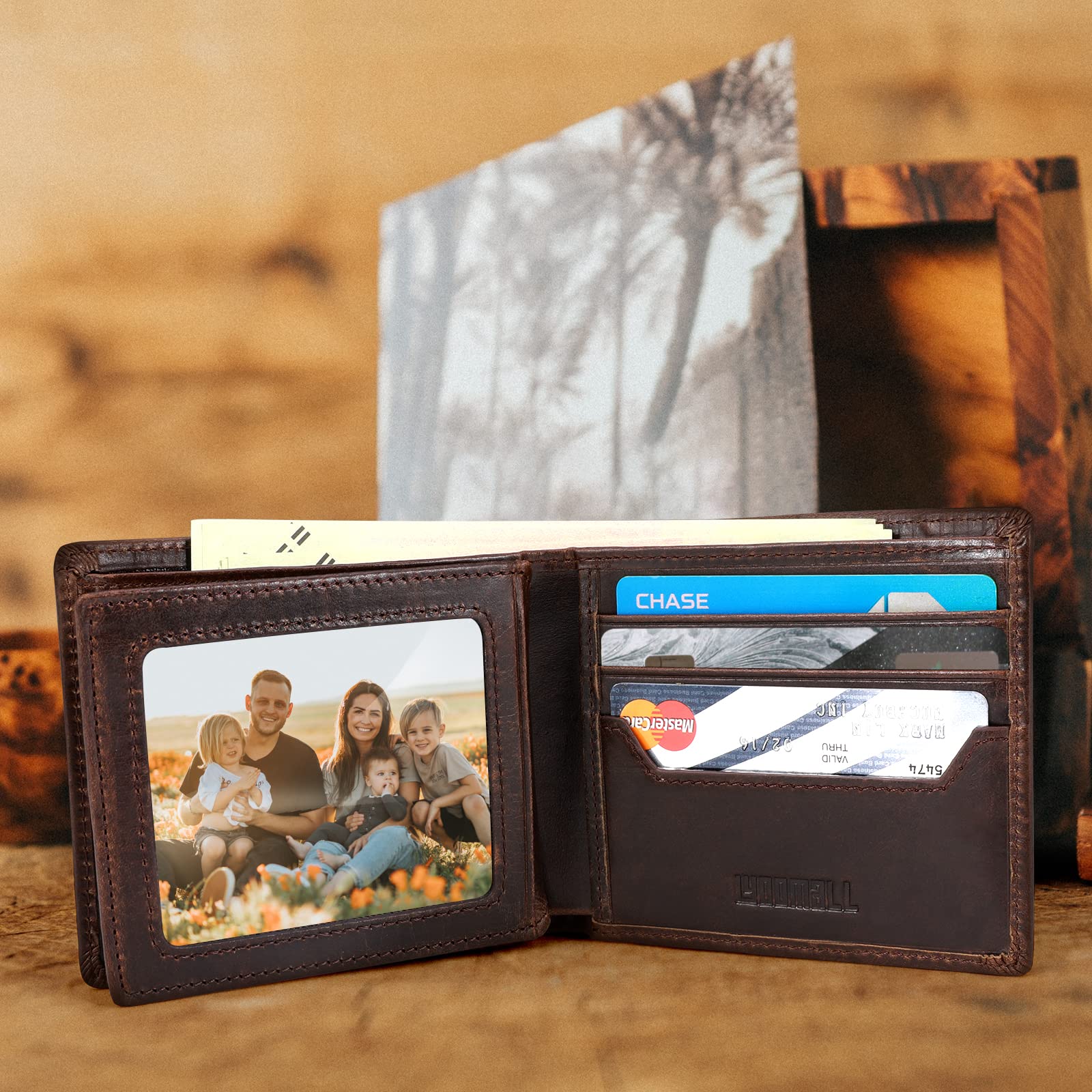 LYOOMALL Wallet for Men, Large Capacity Genuine Leather RFID Blocking Bifold Wallet/Credit Card Holder for Men, with Coin Pocket, Zipper Cash Pocket, ID Window and 10 Card Slots