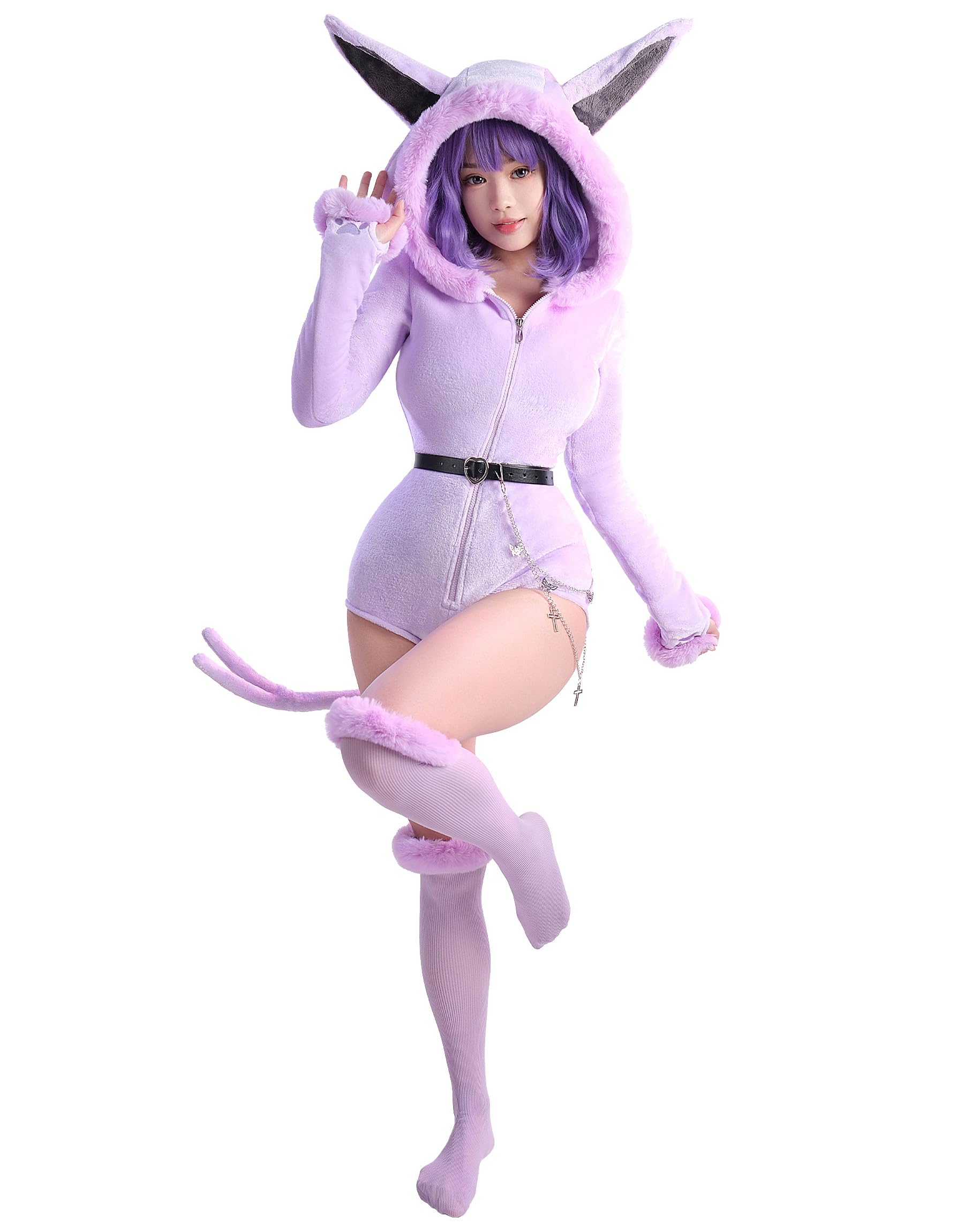 Mobbunny Anime Derivative Romper Onesie Pajamas Bodysuit with Tail Belt and Socks Fluffy Bodycon Hooded Jumpsuit (purple, small)