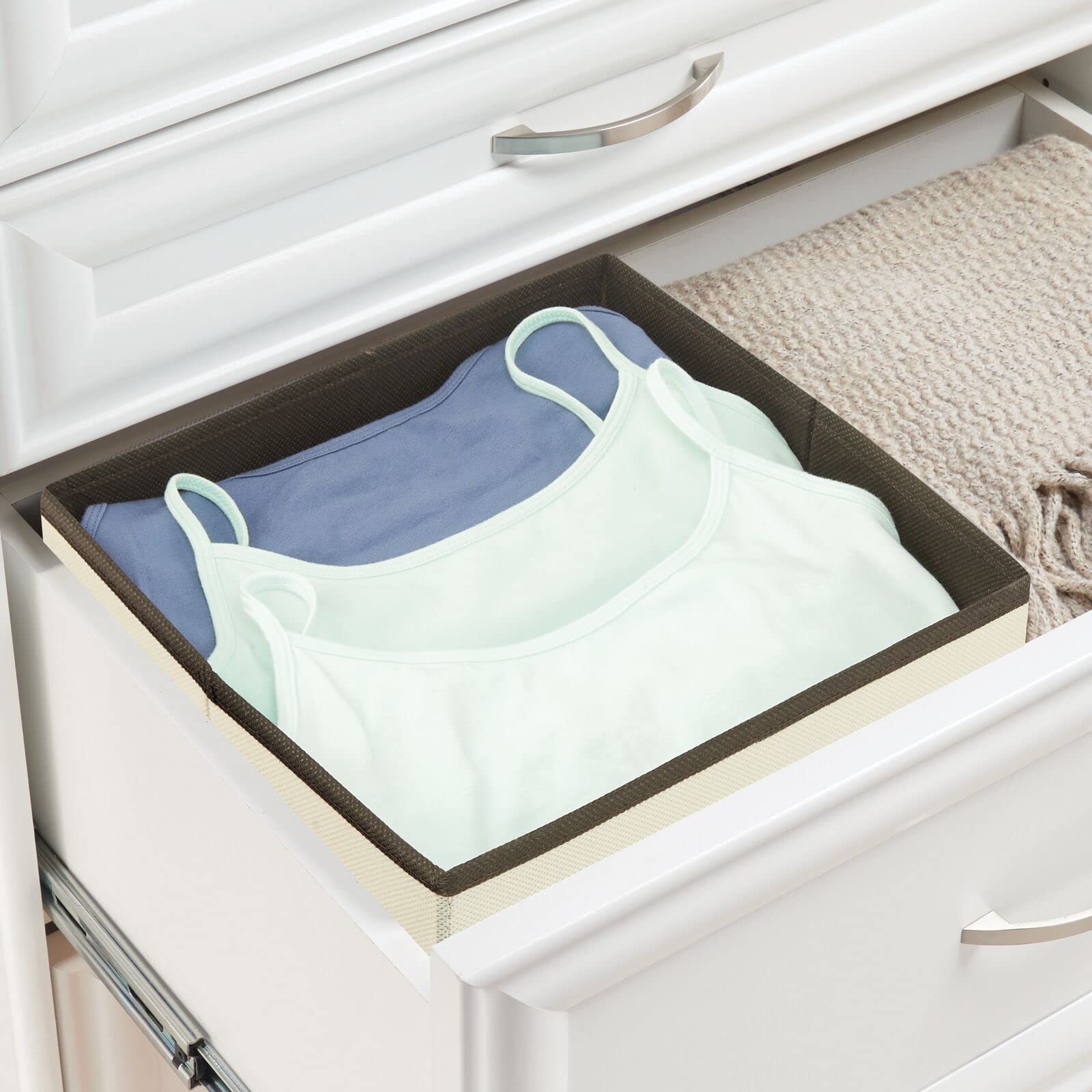 mDesign Fabric Bin for Cube Organizer - Foldable Storage Cube - Collapsible Closet Storage Organizer - Folding Storage Bin for Clothes and More - Lido Collection - 4 Pack - Natural/Cobalt Blue Stripe