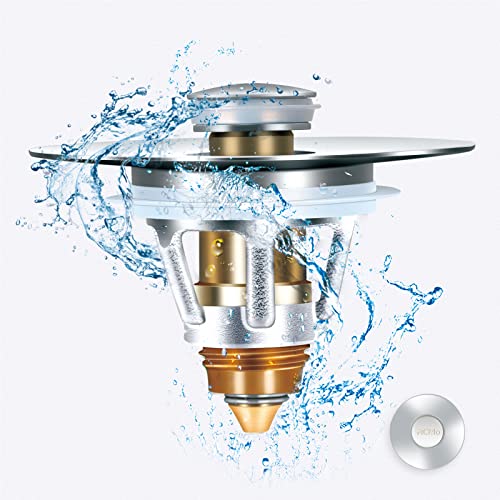 Upgraded Stainless Steel Bathroom Sink Stopper Anti Clogging Bathtub Drain Stopper with Filter Basket, Bounce Bullet Type Sink Plug for 1.10 inch~1.34 inch Drain Holes (1 PCS)