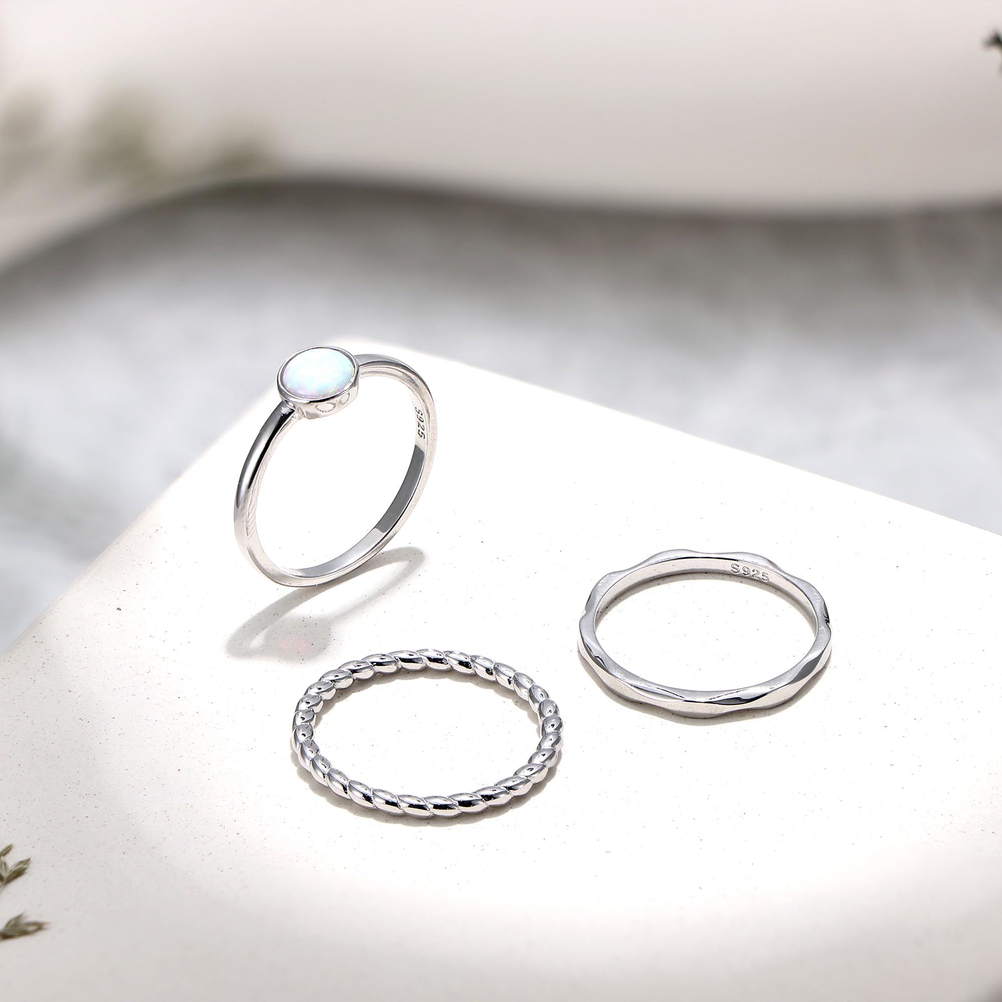 MILACOLATO S925 Sterling Silver Stackable Rings Set for Women Men 18K White Gold Plated Opal Hammered Twisted Thumb Rings High Polished Pinky Knuckle Finger Rings Wedding Band Rings Comfort Fit Size 8