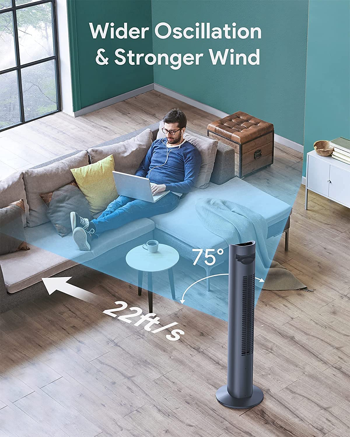 Tower Fan with Remote, Oscillating Fan Features 3 Modes 3 Speed, 75° Oscillation Standing Fans, Auto-off Backlight and 12H Timer, Portable Floor Bladeless Fan for Bedroom, Home and Office, Gray