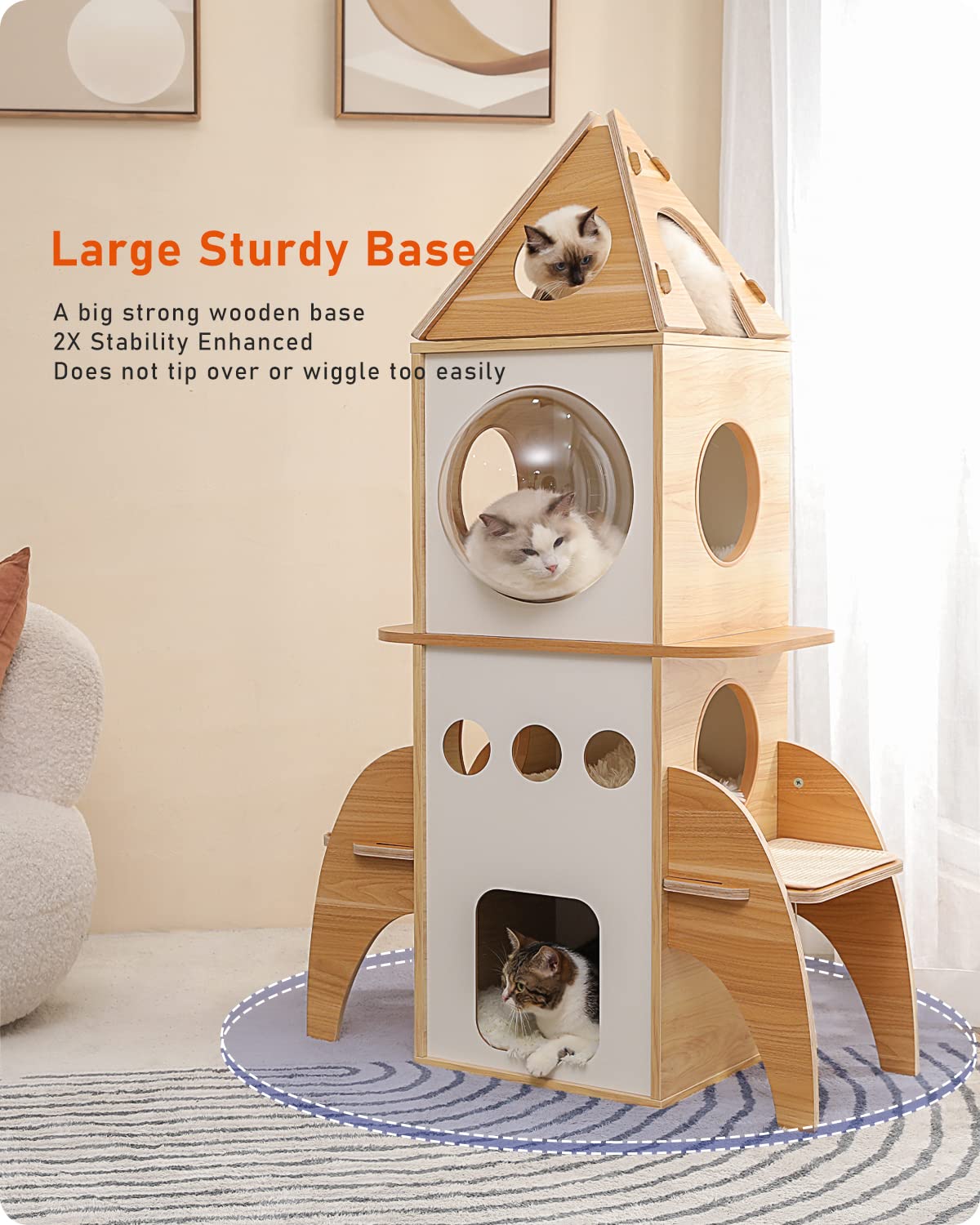 PEQULTI 54 Inches Rocket Multi-Level Cat Tree Spaceship Modern Cat Tower with 3 Spacious Condos, 2 Fuzzy Replaceable Dangling Balls, Attic Perch and Detachable Mats