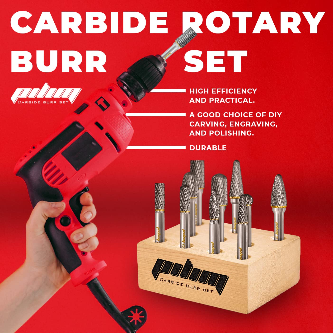 Tungsten Carbide Burr Set 1/4" Shank 10PC Double Cut Rotary Cutting Burrs Die Grinder Bits for Steel and Wood Working, Grinding, Carving, and Engraving