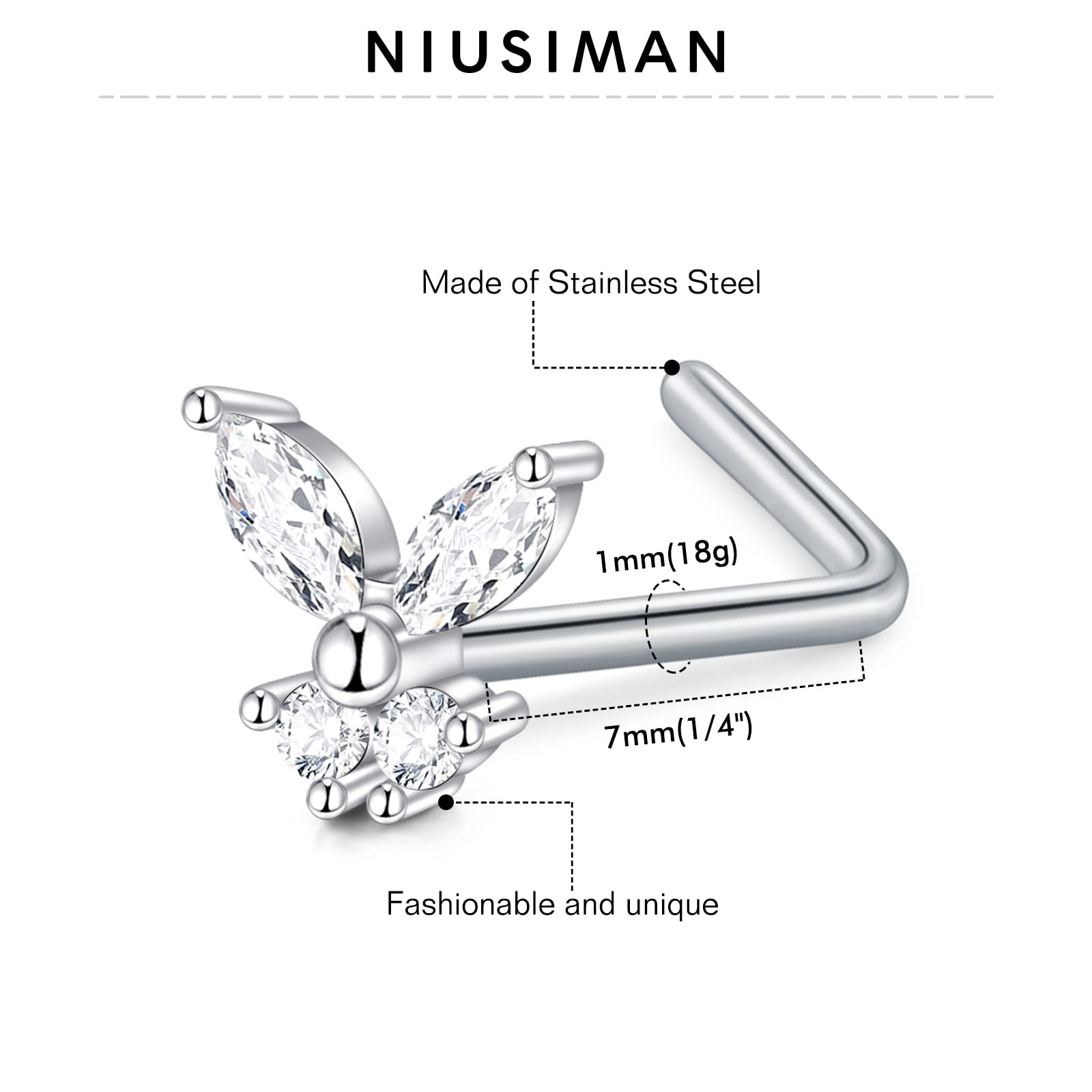NIUSIMAN Nose Studs L Shaped 18G Nose Rings Butterfly Snake Bee Flower Nose Bar Piercing Stainless Steel Artificial CZ Nose Piercing Jewelry Silver