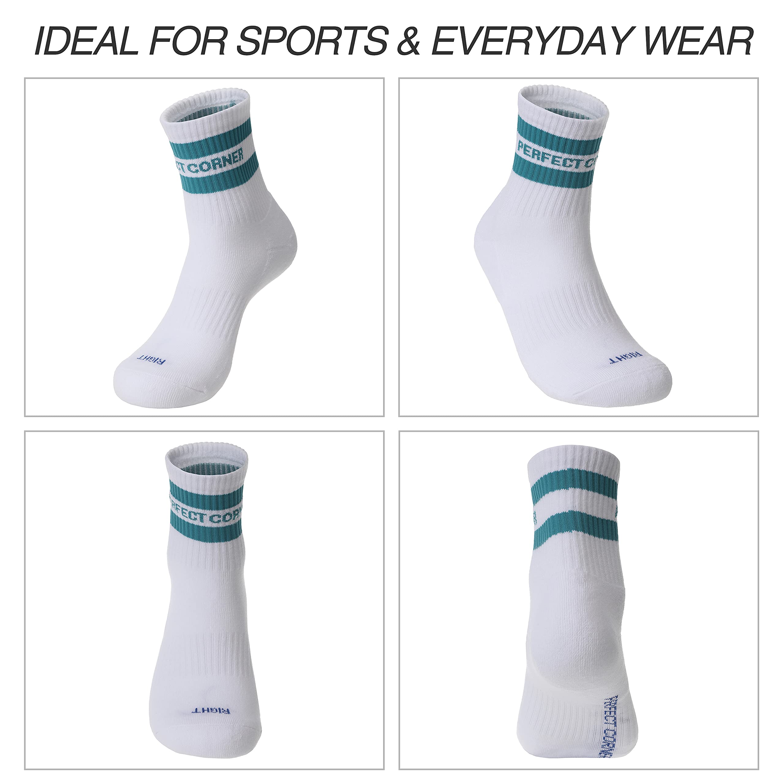 PERFECT CORNER Cotton Cushion Arch Support Training Gym Athletic Quarter Socks for Men and Women 5-Pair (3-Stripe Asst, Large)
