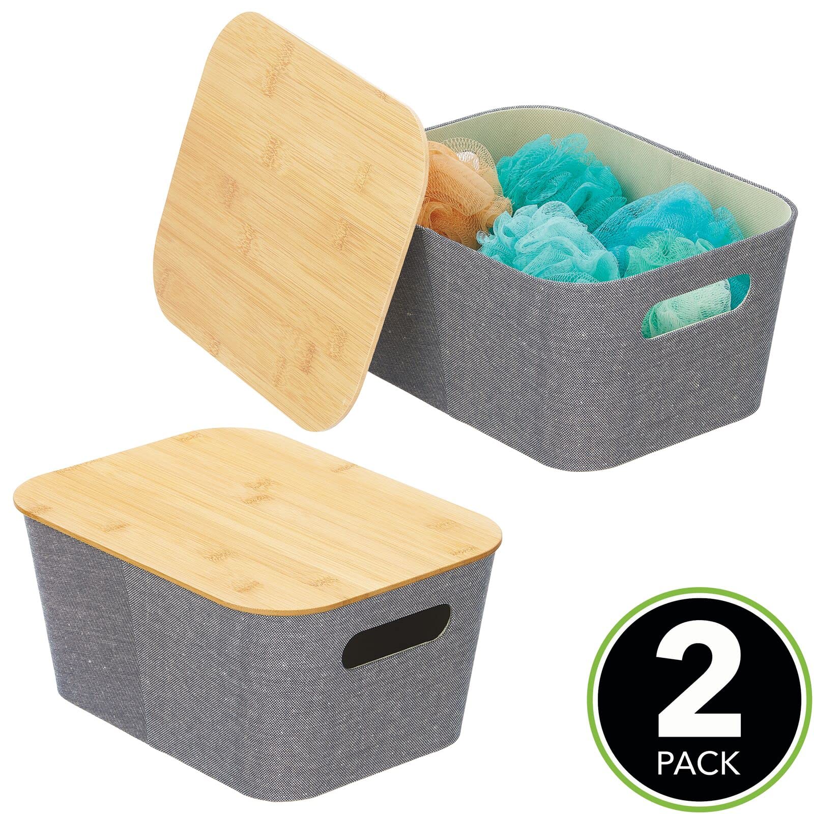 mDesign Modern Fabric Covered Basket with Lid, Stacking Decorative Storage Bin Box with Bamboo Cover for Closet, Living Room, Kitchen, Office Shelf, Holders for Clothing/Accessories, 4 Pack, Navy Blue