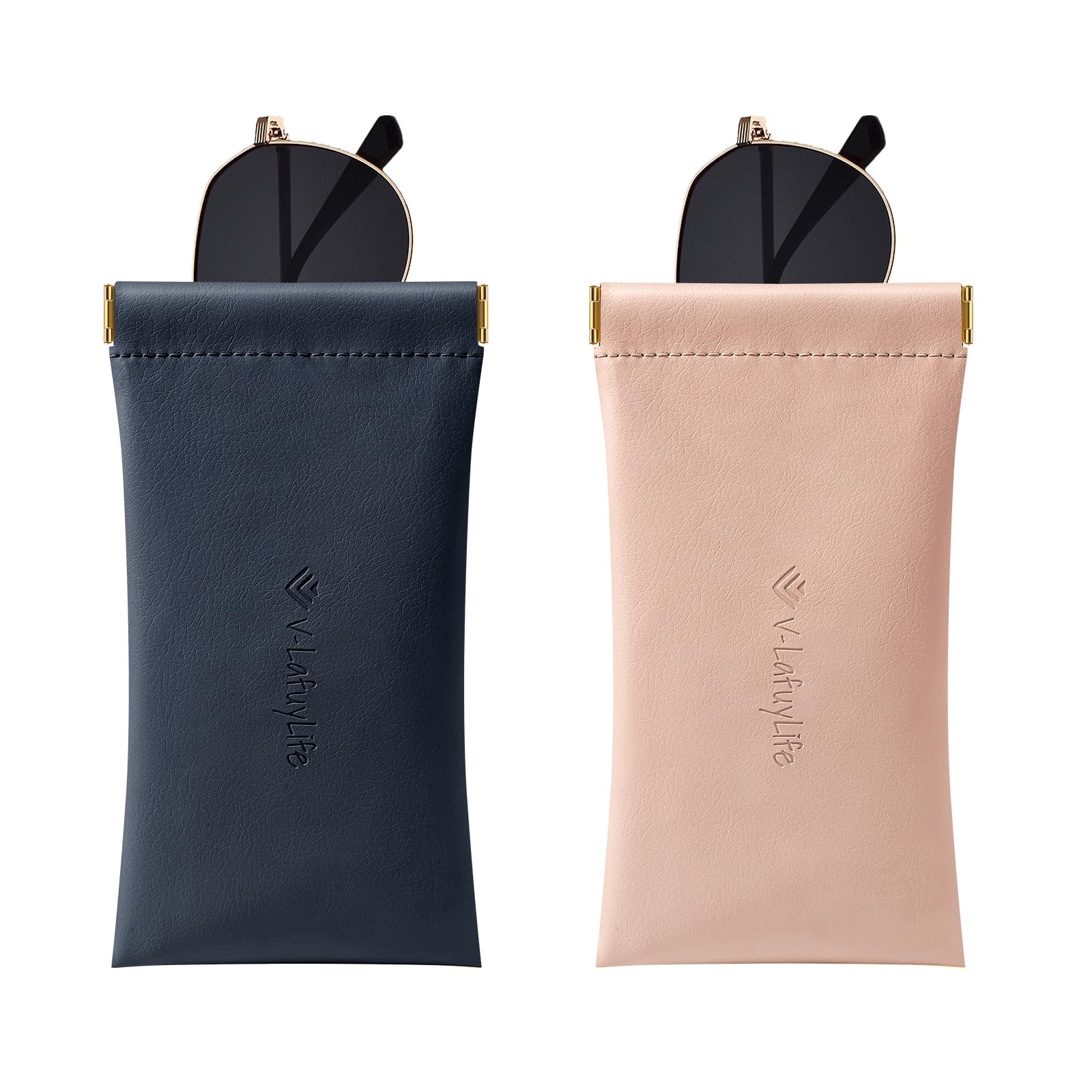 V-LAFUYLIFE Glasses Case Soft 2 Pack - Portable Leather Squeeze Top Eyeglass Case Anti-Scratch Soft Sunglasses Case for Women.(Pink/Blue)