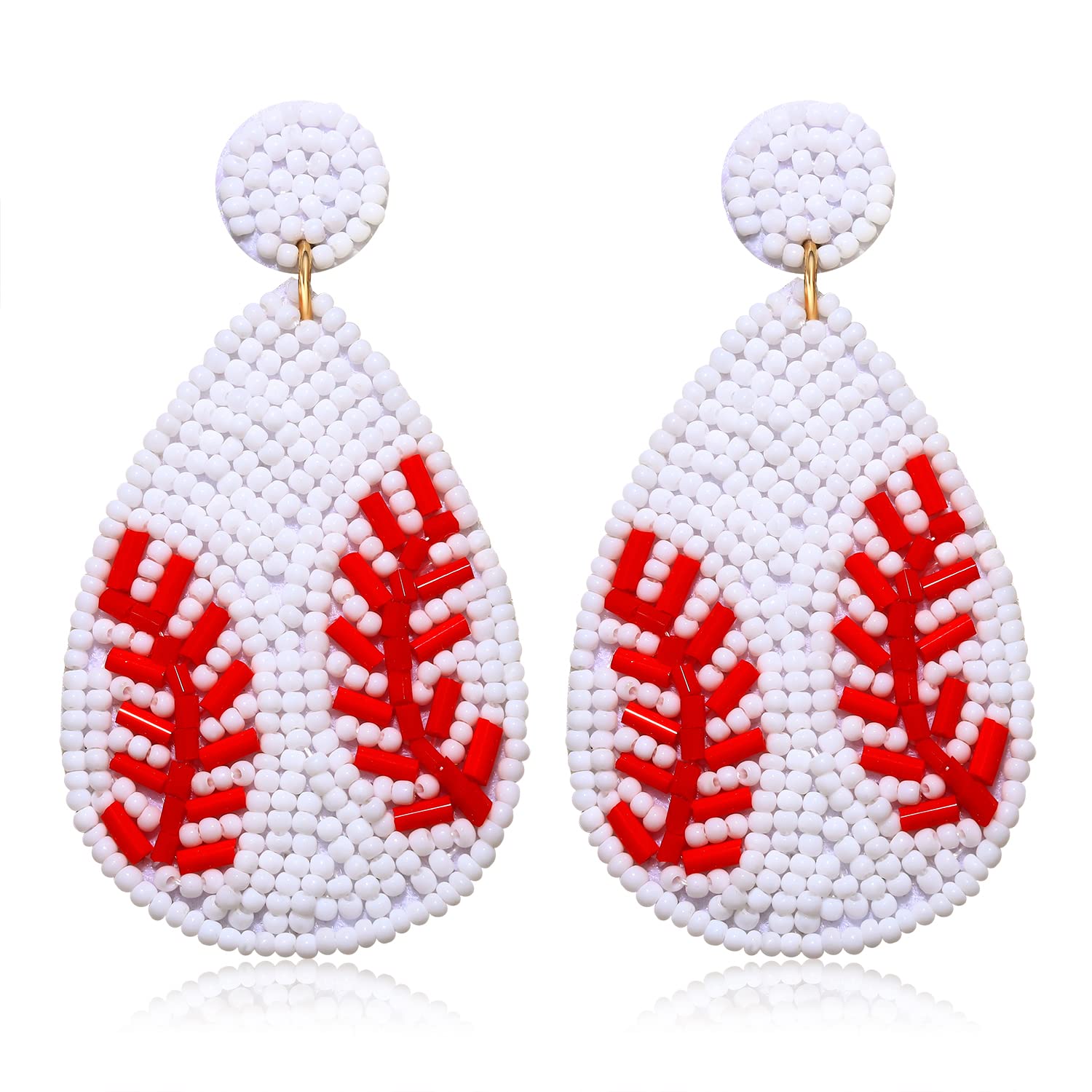 NLCAC Beaded Baseball Teardrop Earrings Handmade Statement Beaded Drop Dangle Earrings Sports Earrings Holiday Party Game Jewelry for Women White