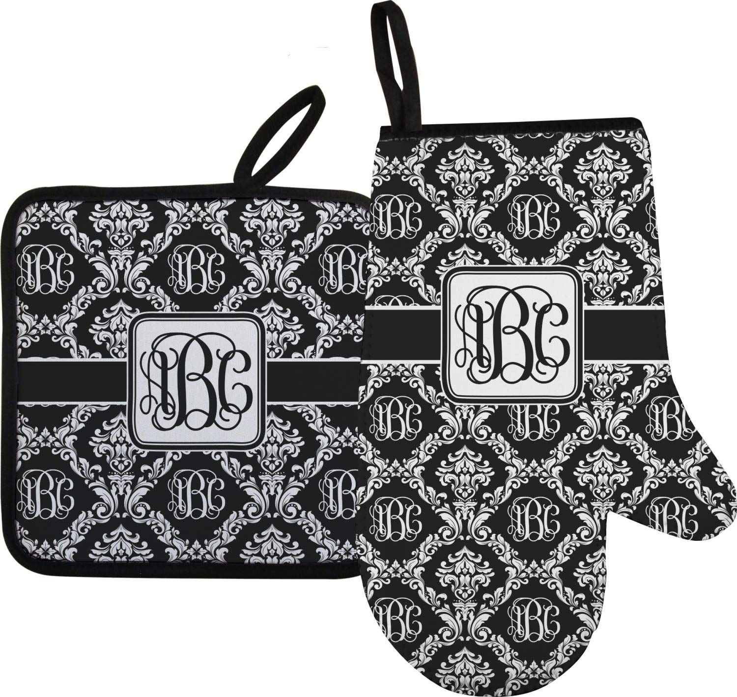 Personalized Monogrammed Damask Right Oven Mitt & Pot Holder Set