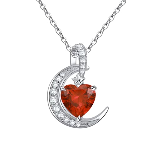 Qings Garnet January Birthstone Necklace - Red Heart Necklaces Crescent Moon S925 Family Birthstones Jewelry for Women Daughter