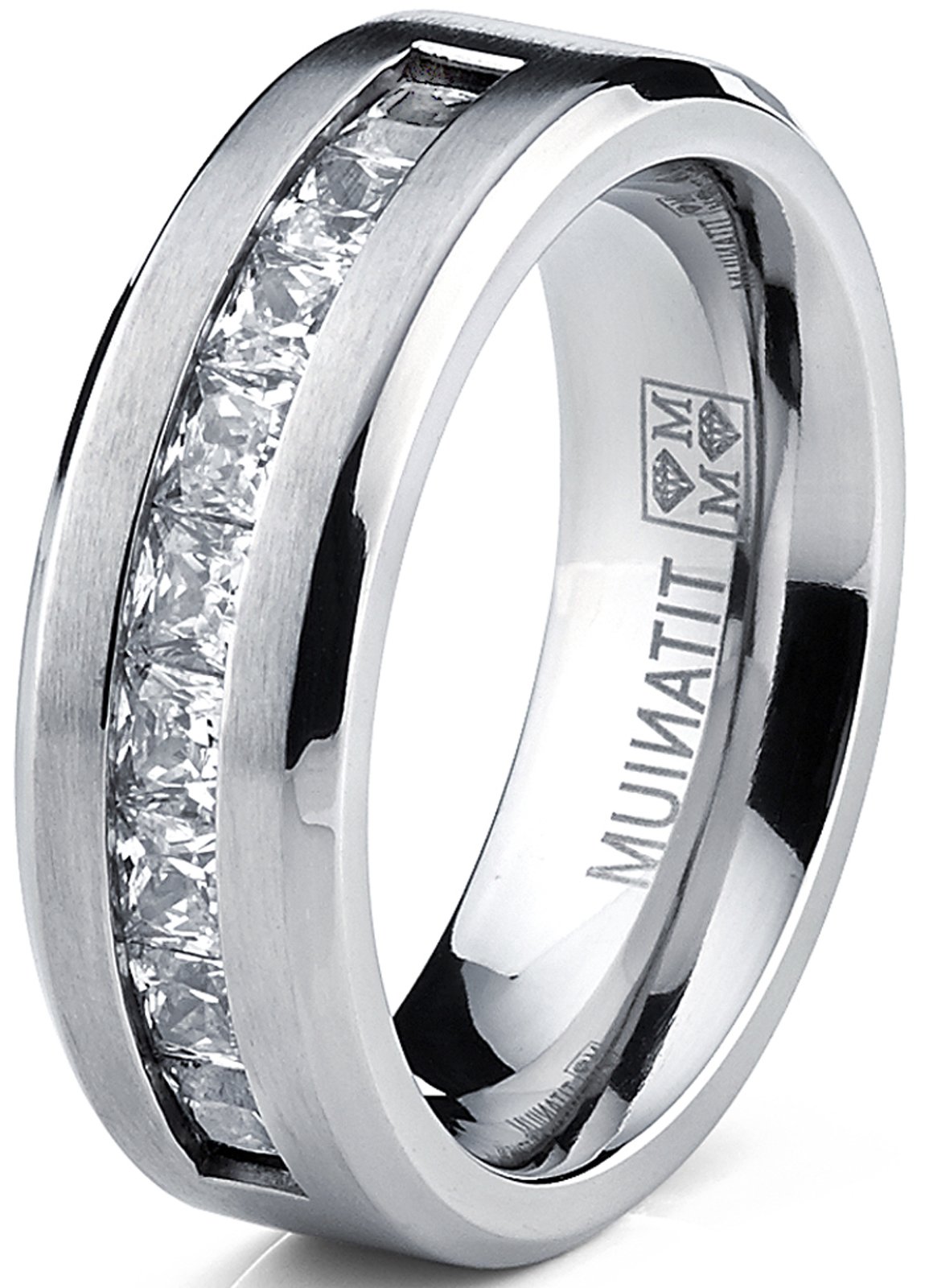 Metal Masters Titanium Men's Wedding Band Engagement Ring with 9 large Princess Cut Cubic Zirconia Size 8