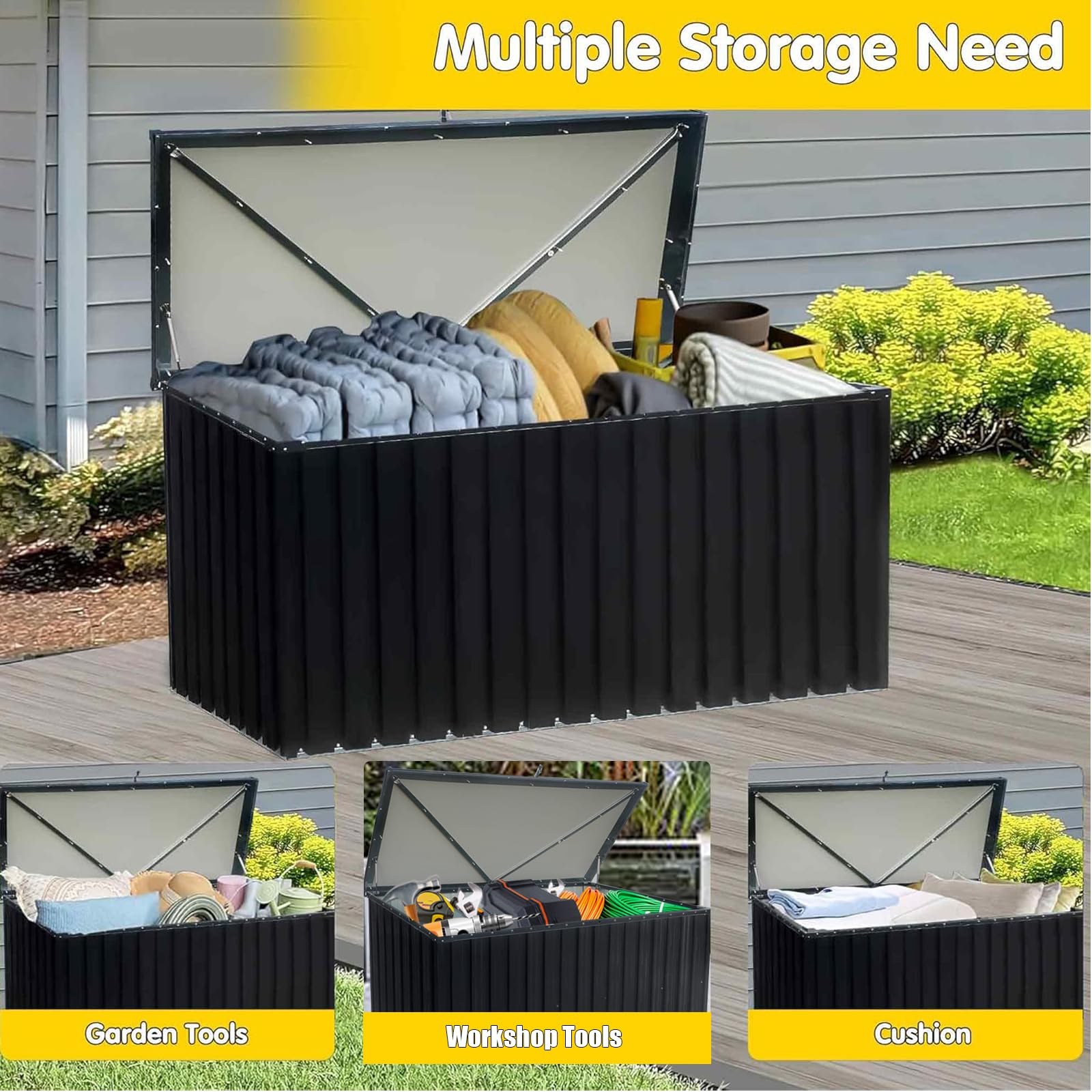 WIIS' IDEA 200 Gallon Storage Deck Box, Outdoor Waterproof Heavy Duty Deck Storage Box, Lockable Large Storage Container for Patio Furniture for Garden Tools and Pool Supplies, Black