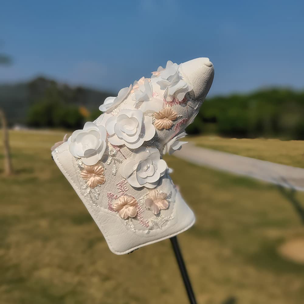 Perilynnc Golf Putter Headcover Blade Putter Cover Exquisite Flowers Design Golf Club Cover with Magnetic Closure Leather Golf Headcovers Fits for L-Shaped Putters (White)