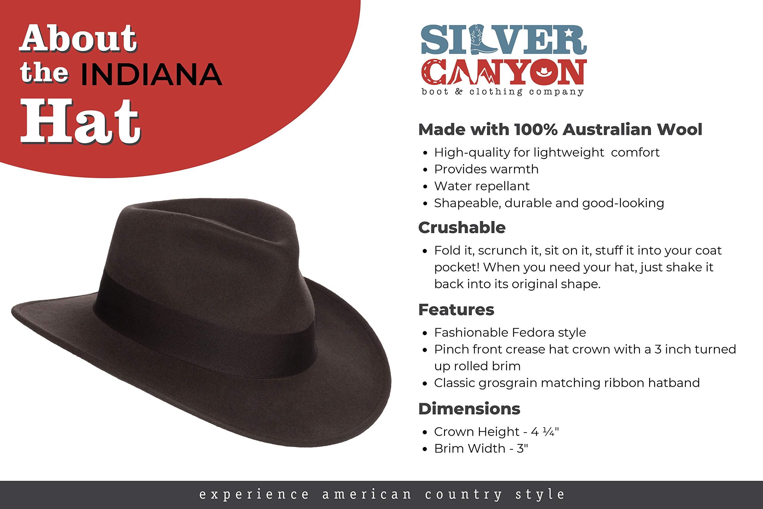 Men's Indiana Outback Fedora Hat Black Crushable Wool Felt by Silver Canyon, Black, Large