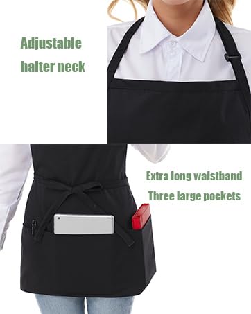 Y.F.H sunbest Chef Apron 3 Pocket Short Apron Adjustable Halter Apron Waitress Apron Kitchen Aprons for Cooking Women Black