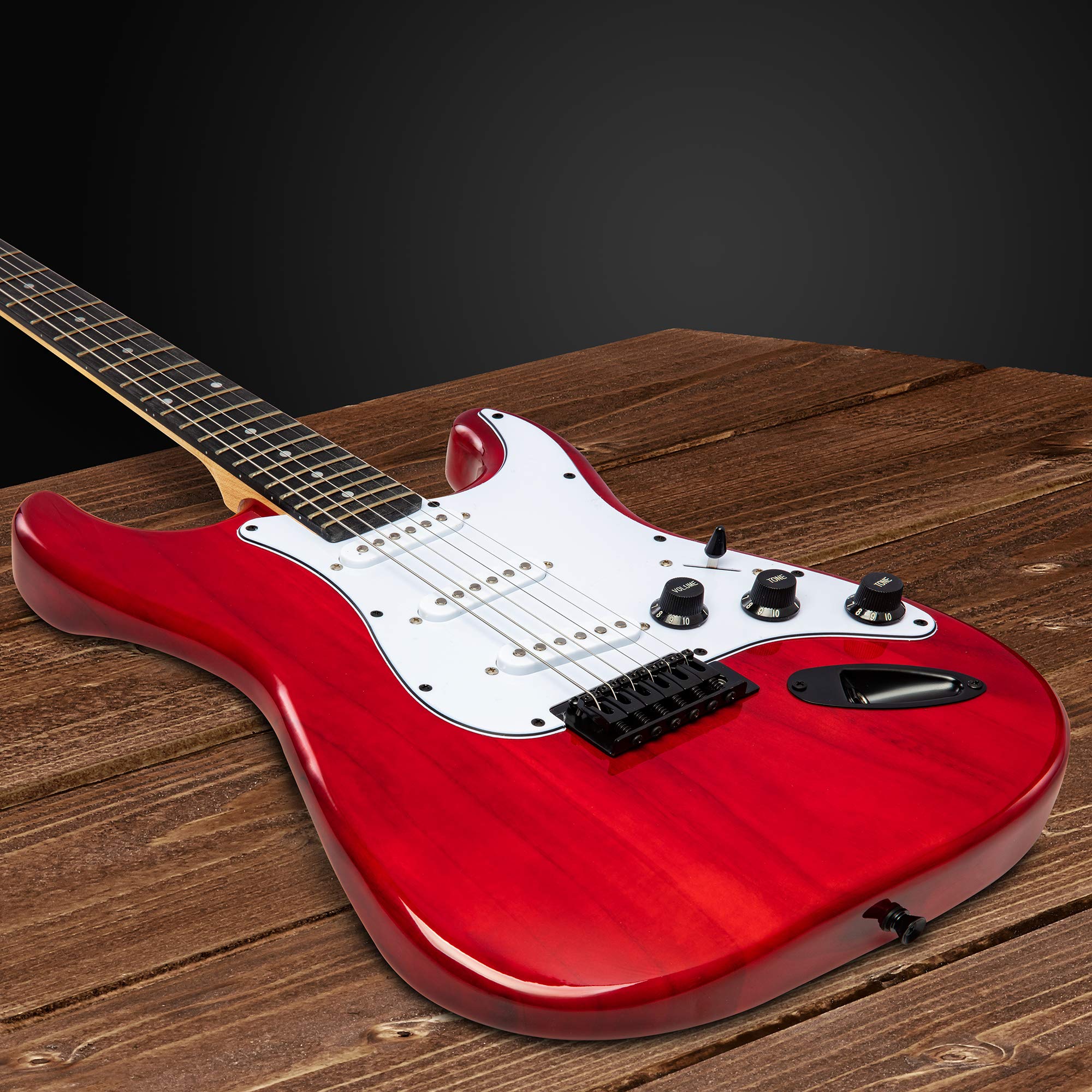 LyxPro 39 inch Electric Guitar Kit Bundle with 20w Amplifier, All Accessories, Digital Clip On Tuner, Six Strings, Two Picks, Tremolo Bar, Shoulder Strap, Case Bag Starter kit Full Size - Red