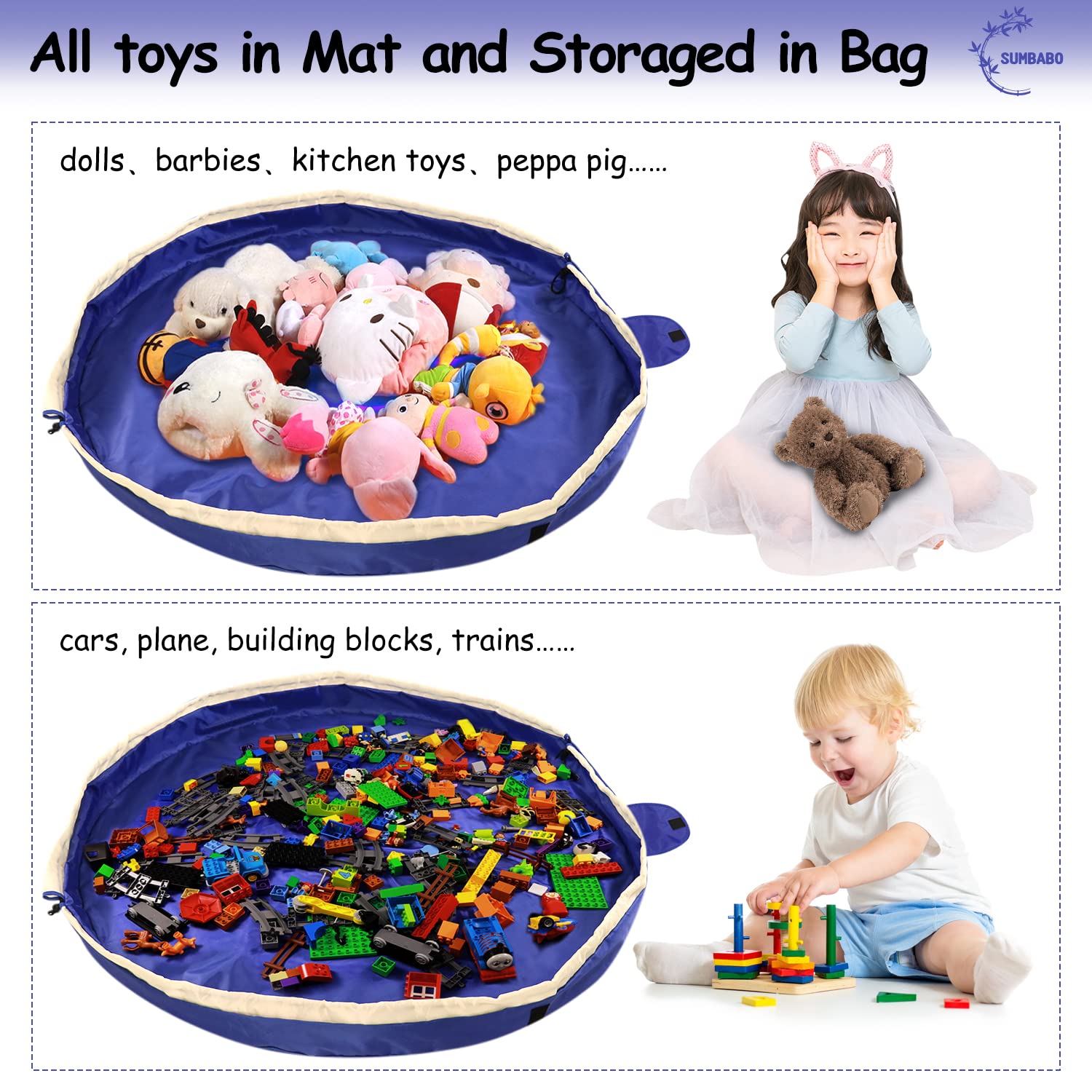 Toy Storage Mat Bag by Drawstring for Lego - Play Mat Bag Toy Storage Container for Kids with Cap can as Gift（ Blue 47inch ）