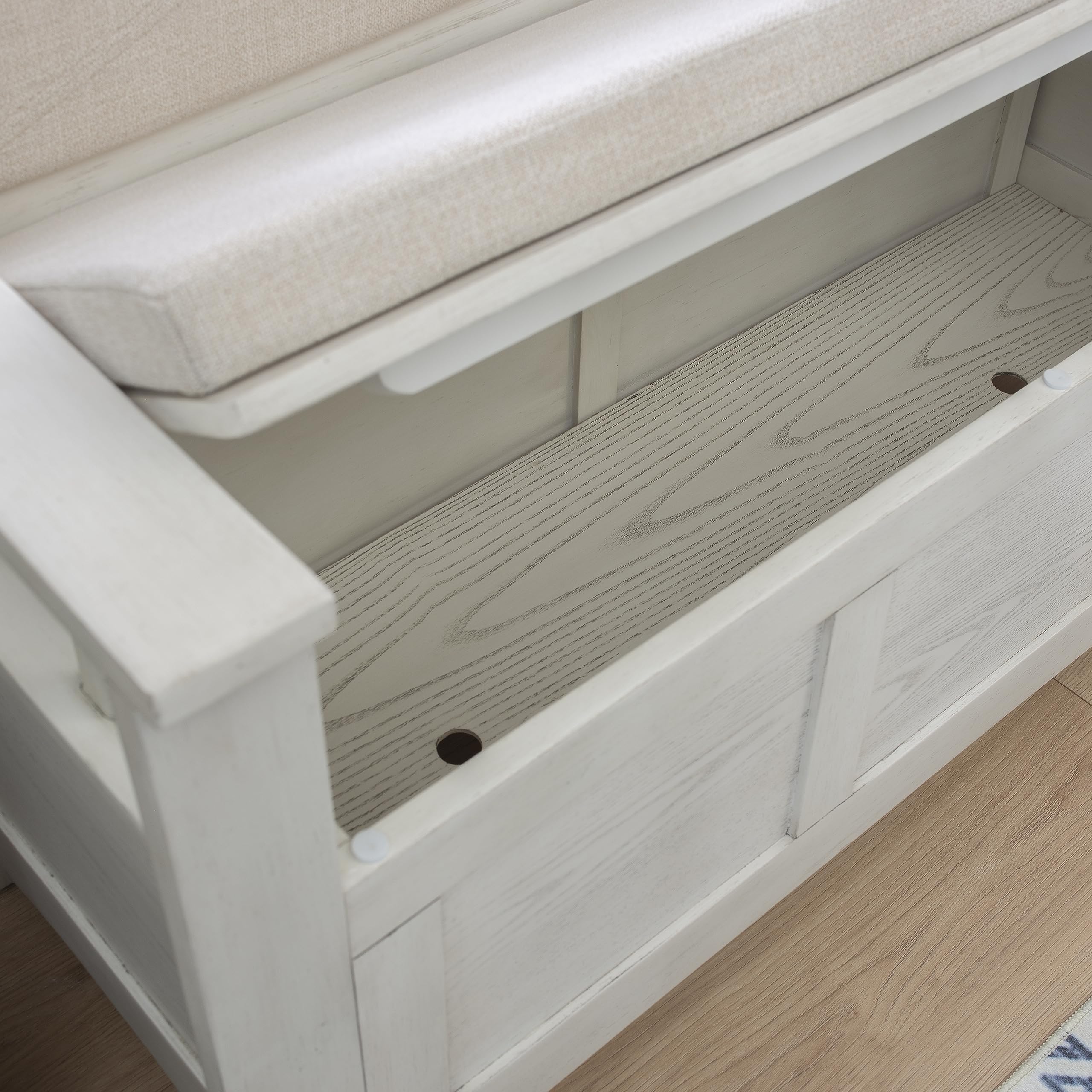 Linon Carlton White Storage Bench with Beige Upholstered Back and Cushioned Seat, Smokey Grey