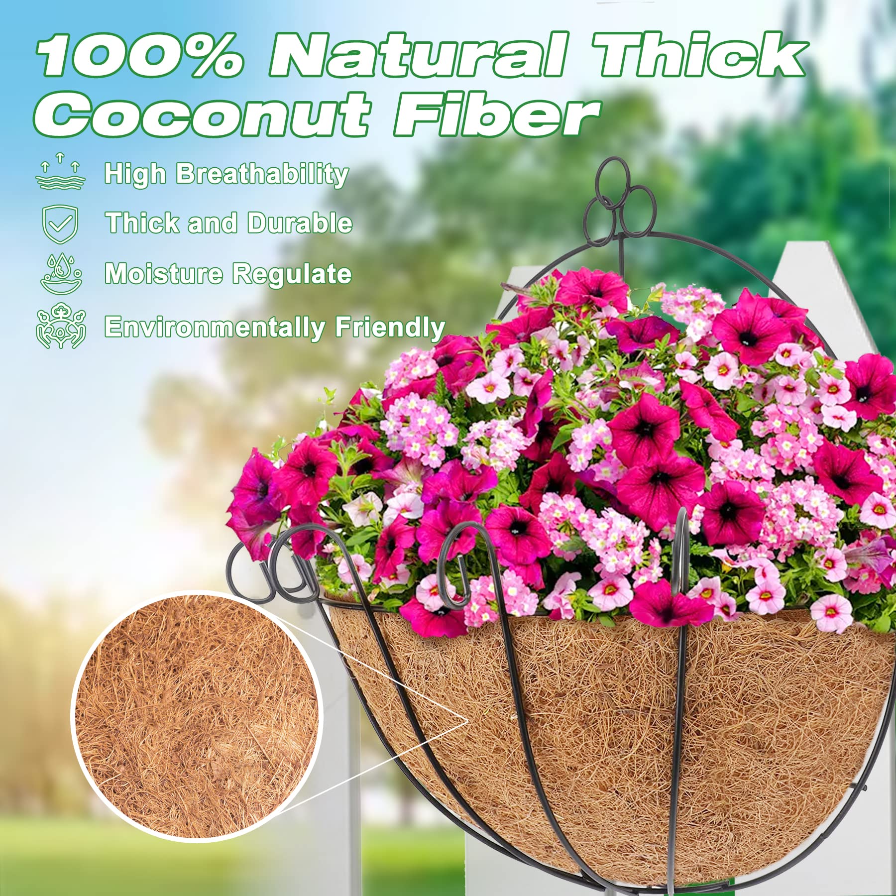 Y&M 16 Inch Pre-Formed Half Round Coco Fiber Hanging Basket Liner, Half Round Coco Replacement Liner - 2pcs