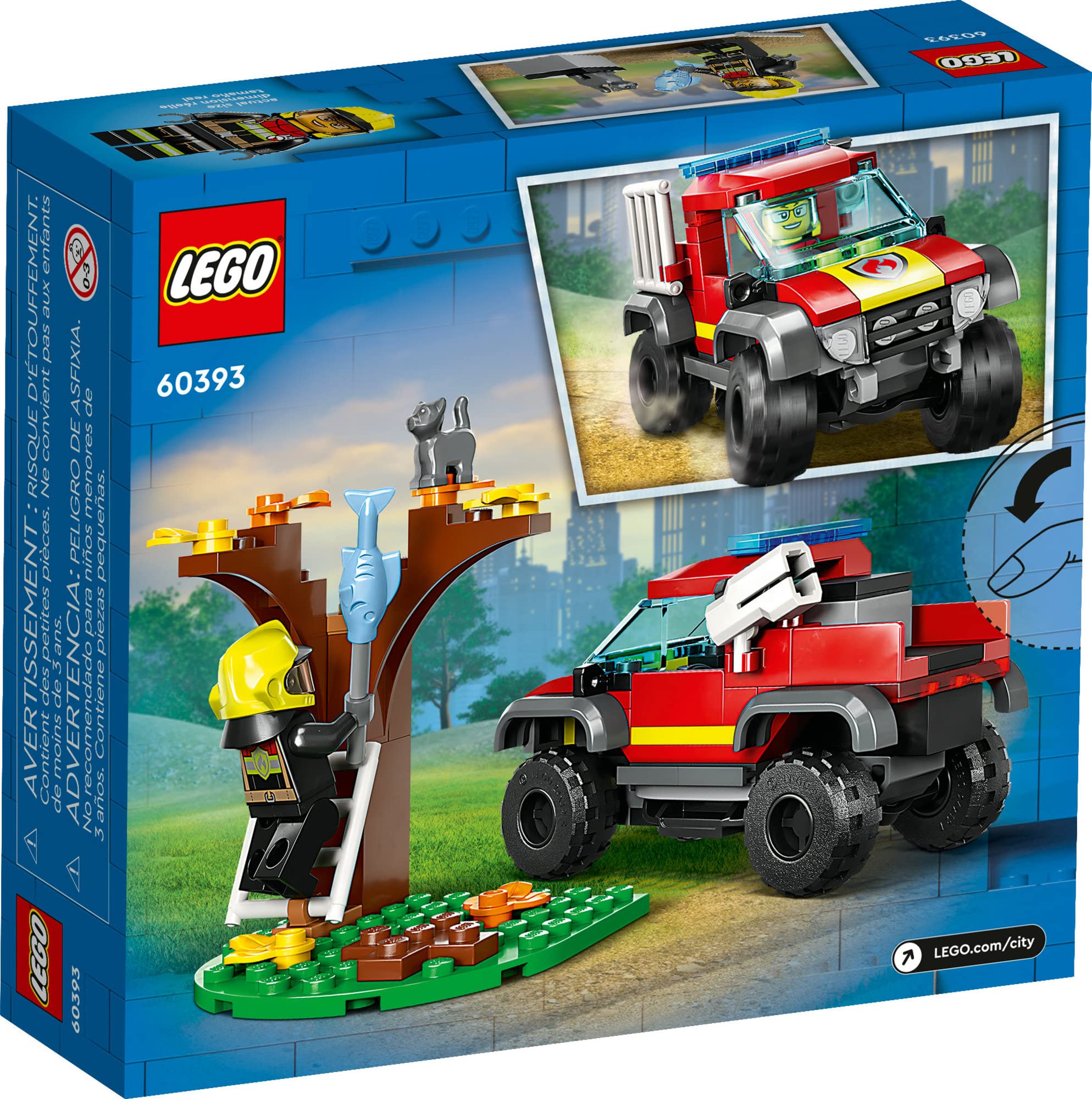 LEGO City 4x4 Fire Engine Rescue Truck 60393, Toy for 5 Plus Year Old Boys & Girls, Set with Water Element Launcher, Firefighter Minifigure and Cat Figure