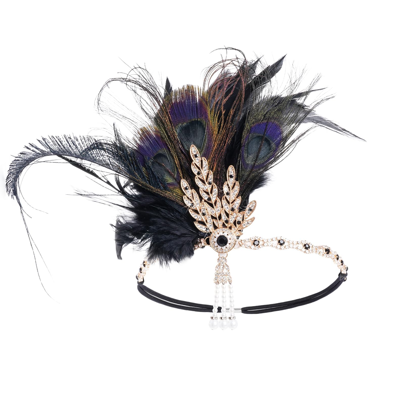 Tongcloud 1920s Flapper Feather Headband Roaring 20s Gatsby Headpiece Women's 1920s Headband Flapper Feather Headpiece (Black)