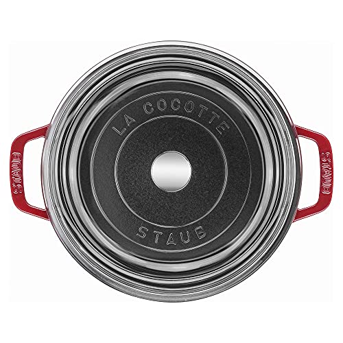 Staub Cast Iron Dutch Oven 4-qt Round Cocotte with Glass Lid, Made in France, Serves 3-4, Cherry
