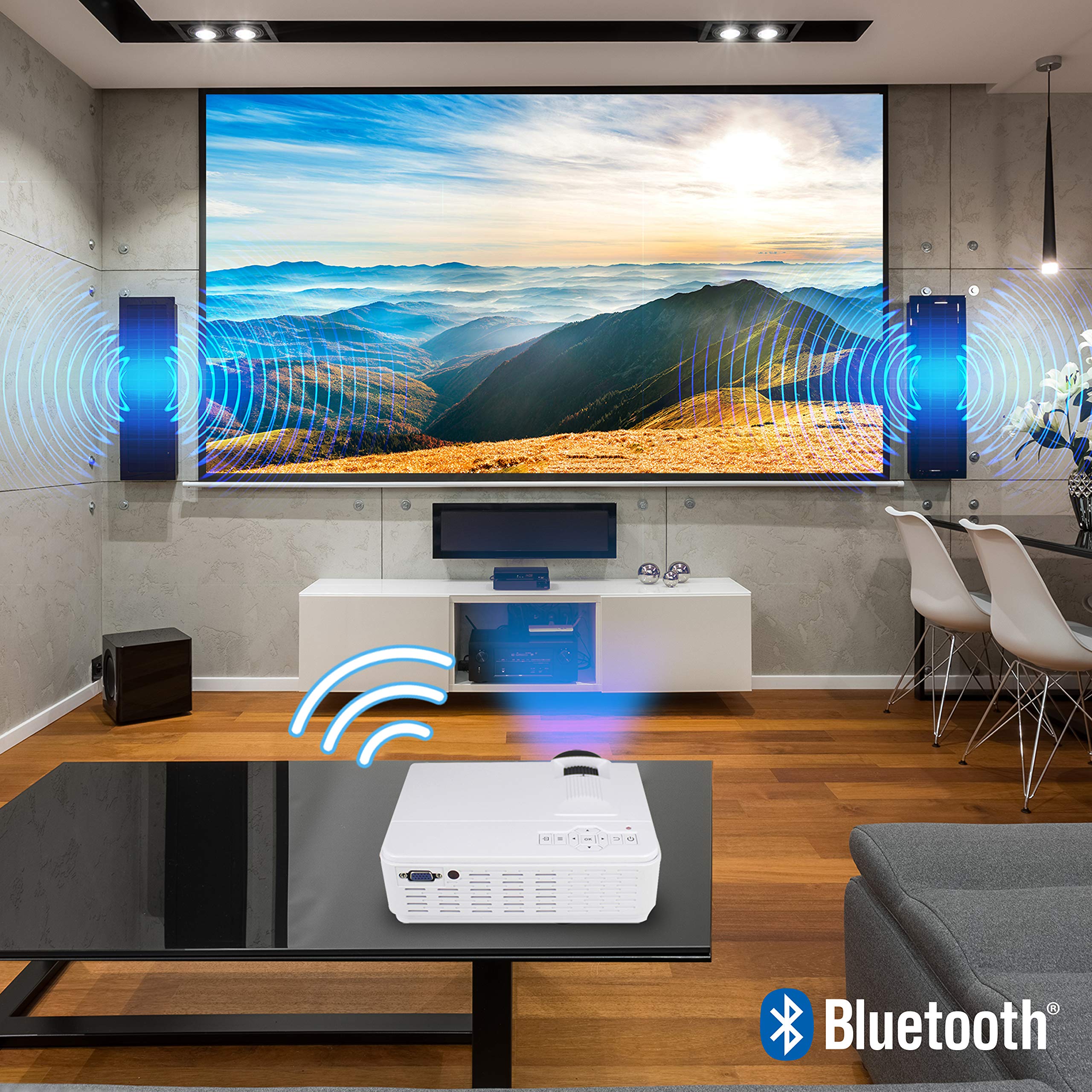 Magnavox MP601 Portable Home Theater Projector with Bluetooth Wireless Technology and Remote in White | Supports 1080p HD Quality | HDMI, USB, AV, & VGA Ports |