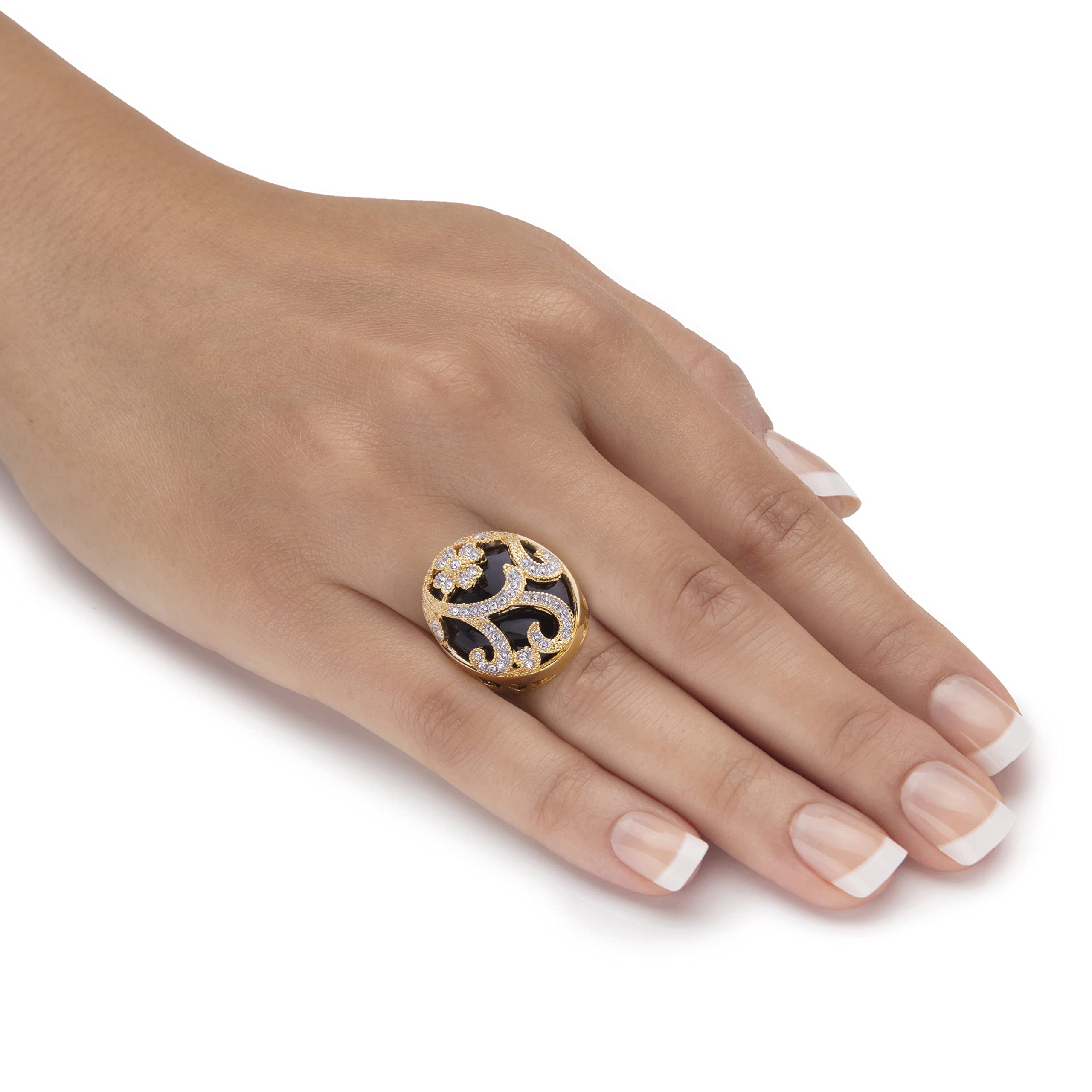PalmBeach Yellow Gold-plated Oval Shaped Natural Black Onyx and Round Crystal Floral Scrolled Dome Ring Sizes 6-10 Size 6