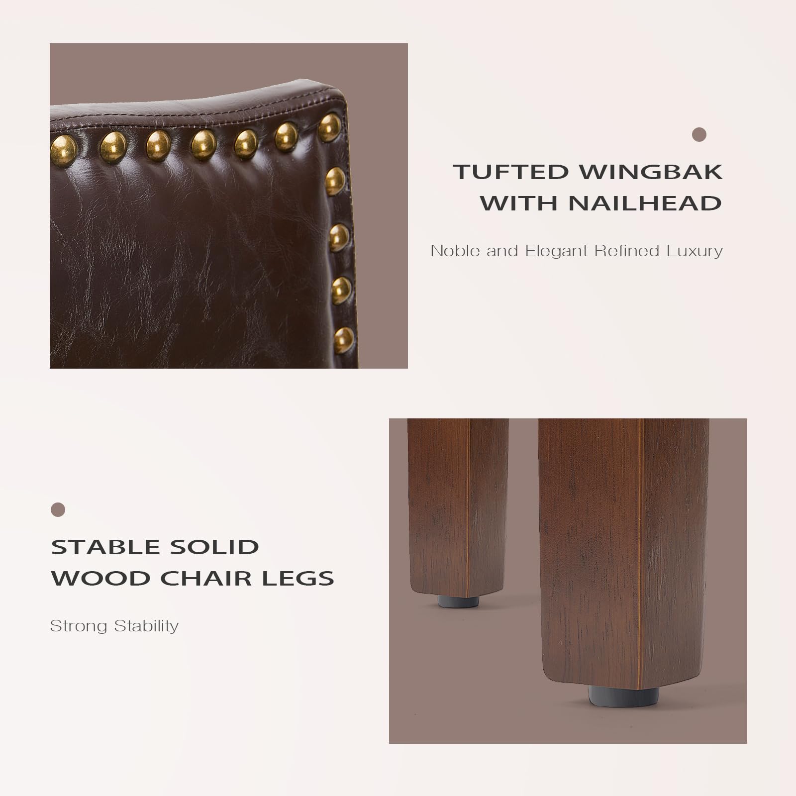 MCQ Upholstered Dining Chairs Set of 2, Modern Upholstered Leather Dining Room Chair with Nailhead Trim and Wood Legs, Mid-Century Accent Dinner Chair for Living Room, Kitchen, Dark Brown