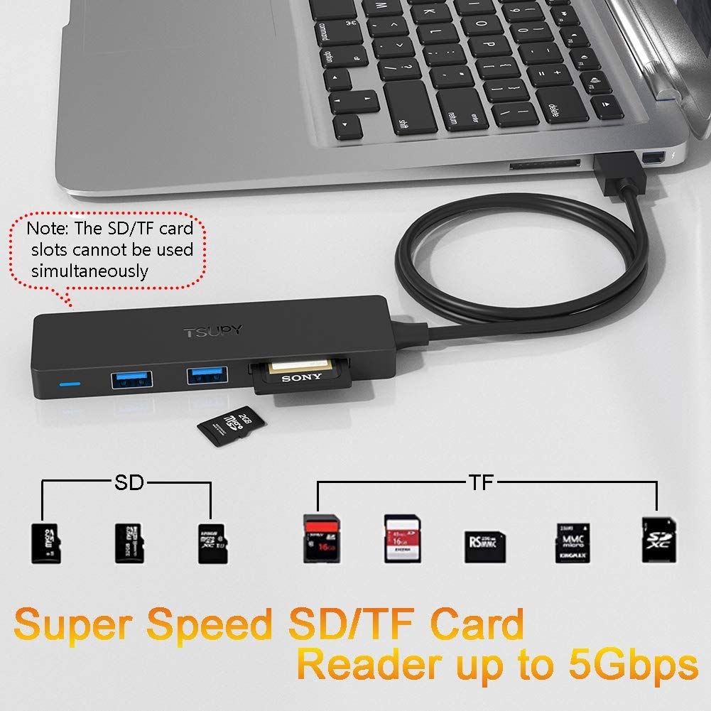 TSUPY USB 3.0 Hub Multi USB Data HUB with 4ft/48inch Extended Cable,SD/TF Card Reader & 3 USB 3.0 Ports,USB C Wall Charger 20W