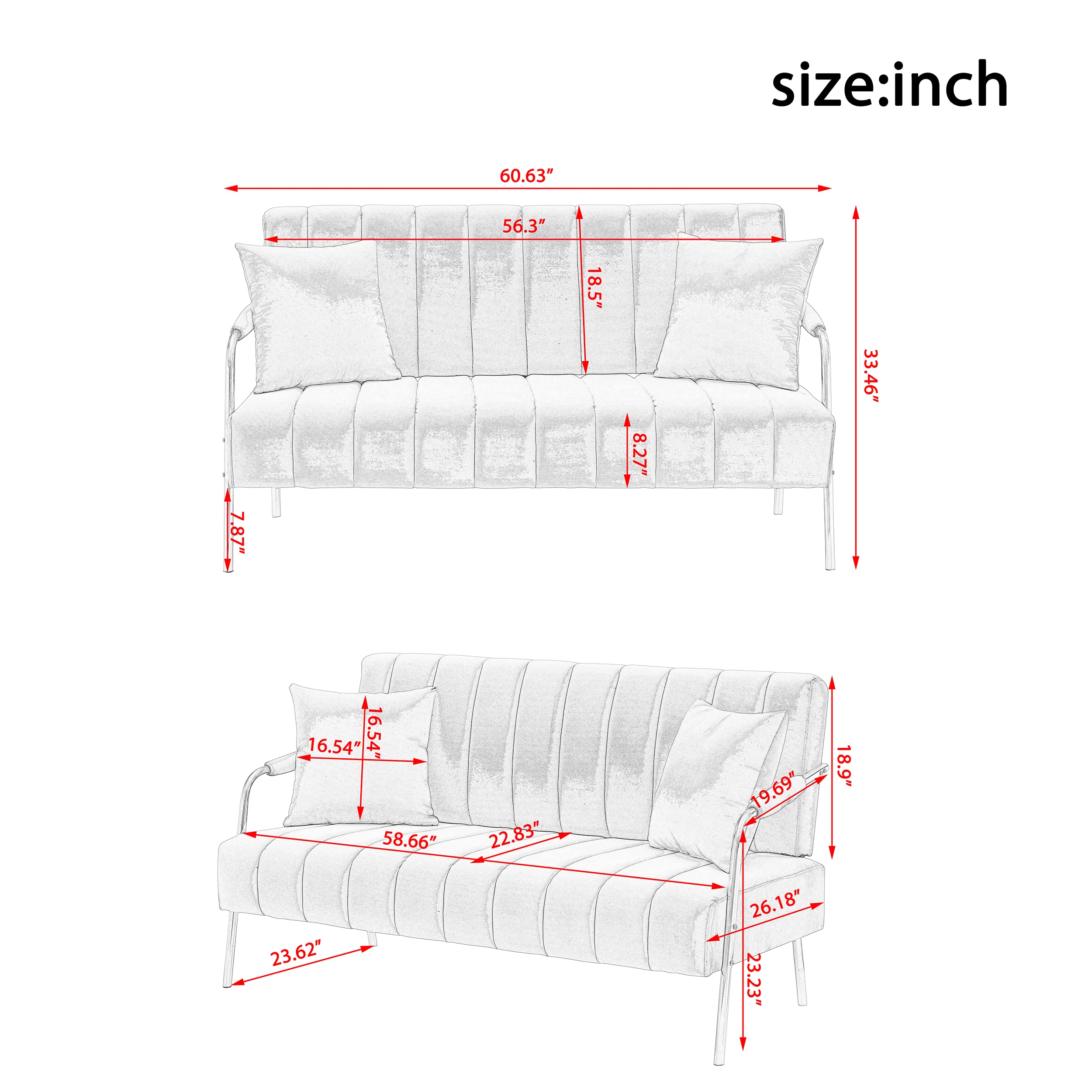 Majnesvon 61" Modern Loveseat Sofa Couch,Cashmere Fabric Small Love Seat w/2 Pillows and Metal Legs,2-Seater Upholstered Mini Sofa Couches for Small Space,Living Room Bedroom Apartments (Dark Grey)