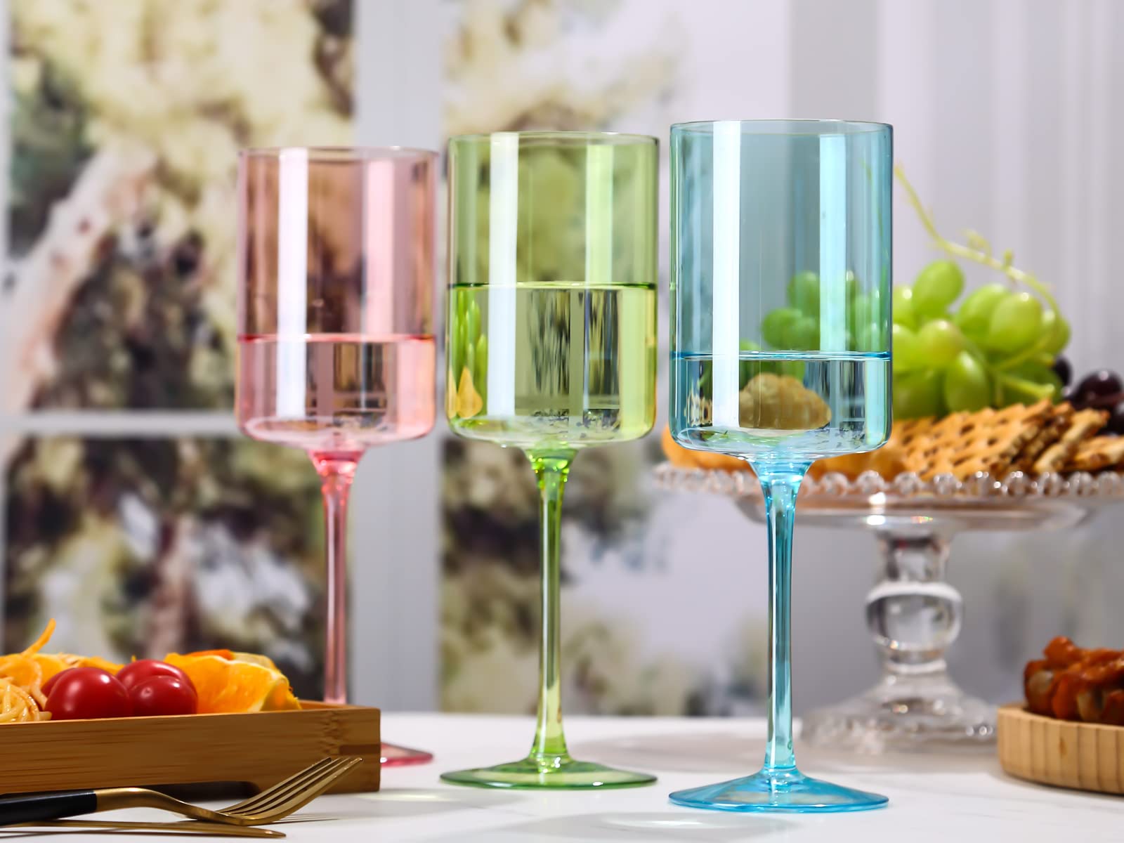 Physkoa Hand Blown Colorful Wine Glasses Set of 6 - Crystal Stemware Glasses with Long Stem, Ideal for Weddings, Engagements, and Parties, 11.5oz