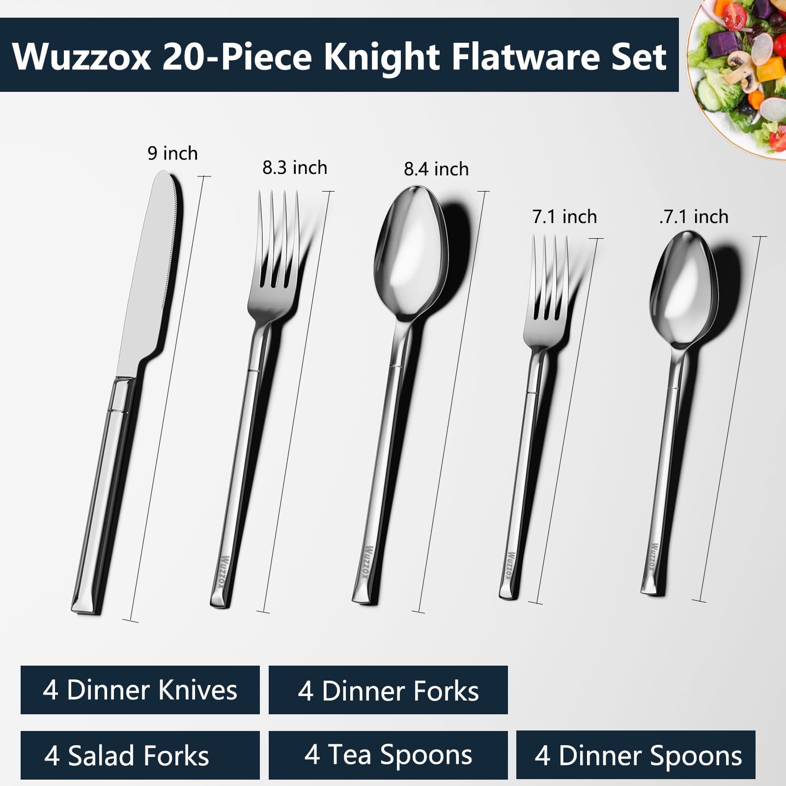Wuzzox 20-Piece Silverware Set, 18/10 Stainless Steel Flatware Cutlery Set Service for 4, Silverware Mirror Polished Dishwasher Safe for Home, Restaurant, Wedding, Party, Hotel