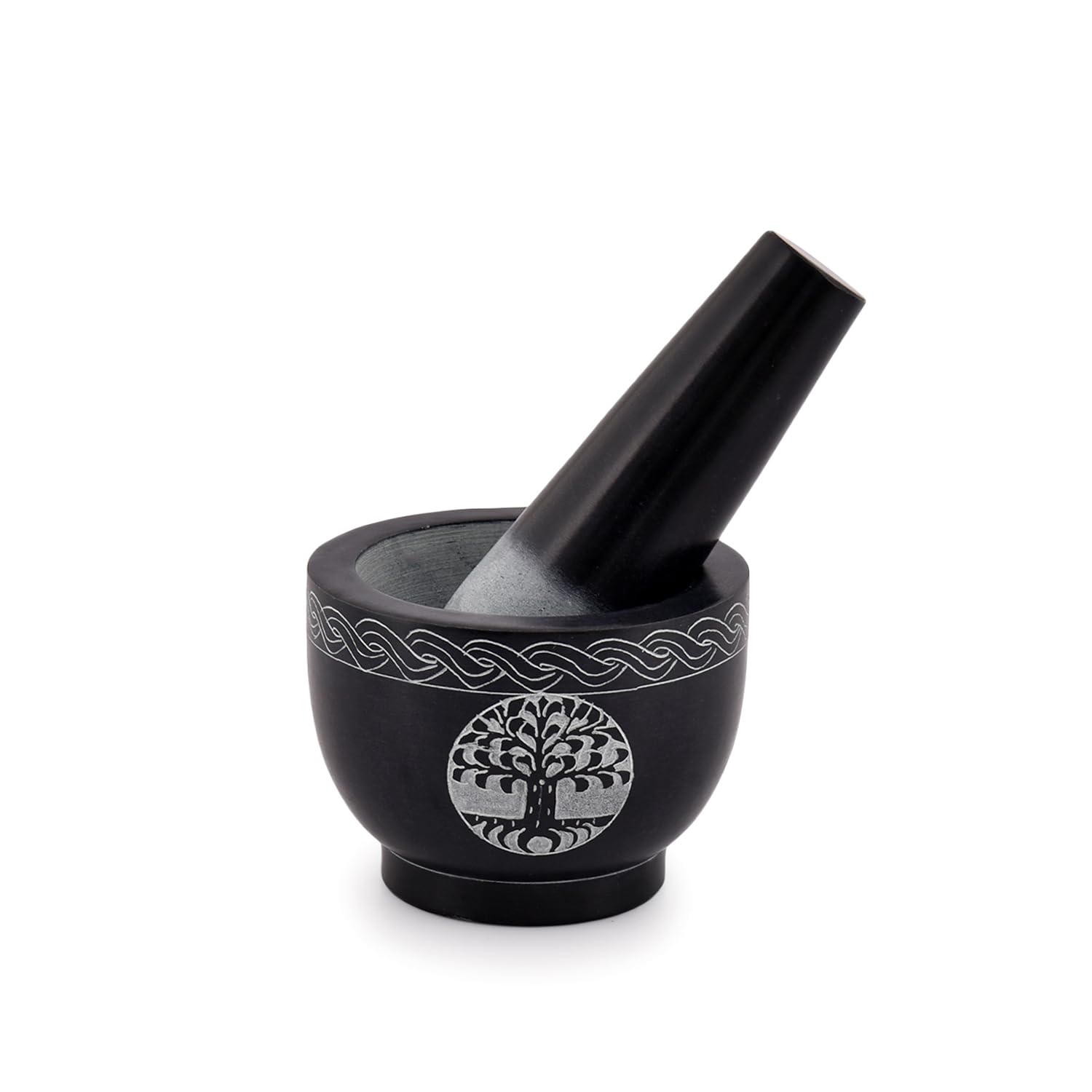 Samhita Tree of Life Natural Stone Mortar & Pestle Mortar Diameter- 3.75"x 2.75" Pestle-5" x 1.5"