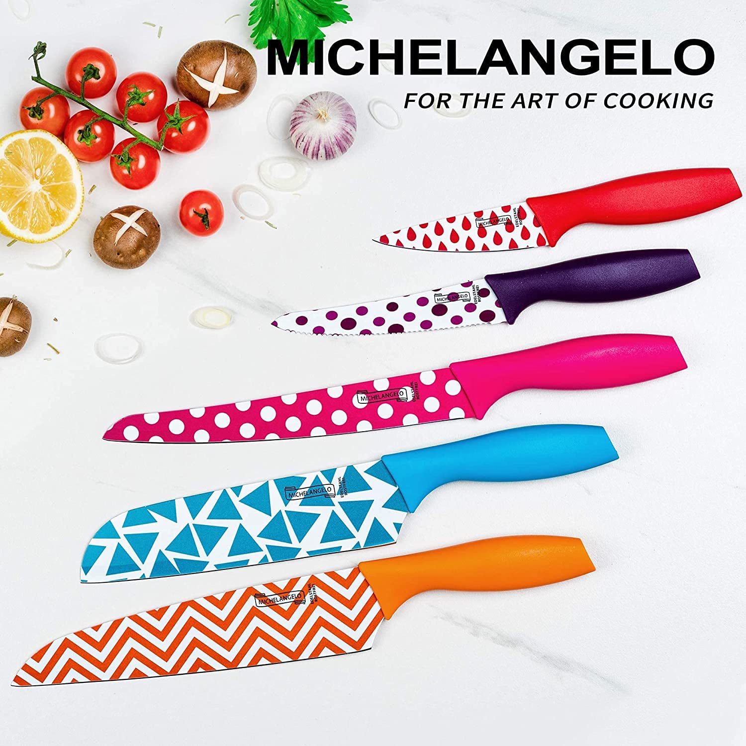 MICHELANGELOMICHELANGELO Kitchen Knife Set 10 Piece with Nonstick Stone Covers, Professional Stainless Steel Knives Set for Home, Restaurant or Chef, Multi-functional Knife Set 10Pcs - Black