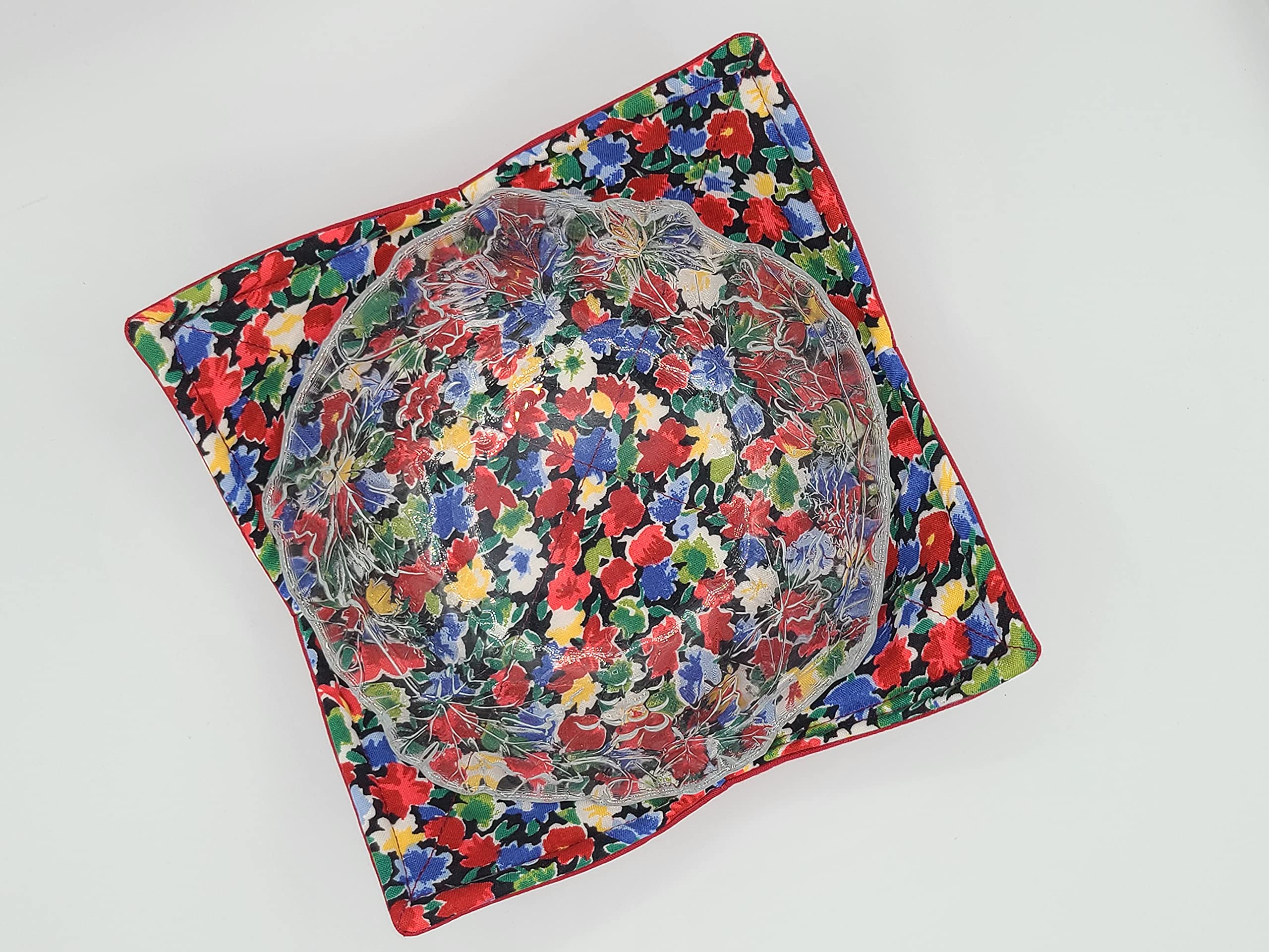 Red White Blue Roses Microwave Cozy Ditzy Floral Reversible Microwaveable Soup Holder Summer Potholder Flower Bowl Buddy Handmade Housewarming Hostess Gifts Under 10