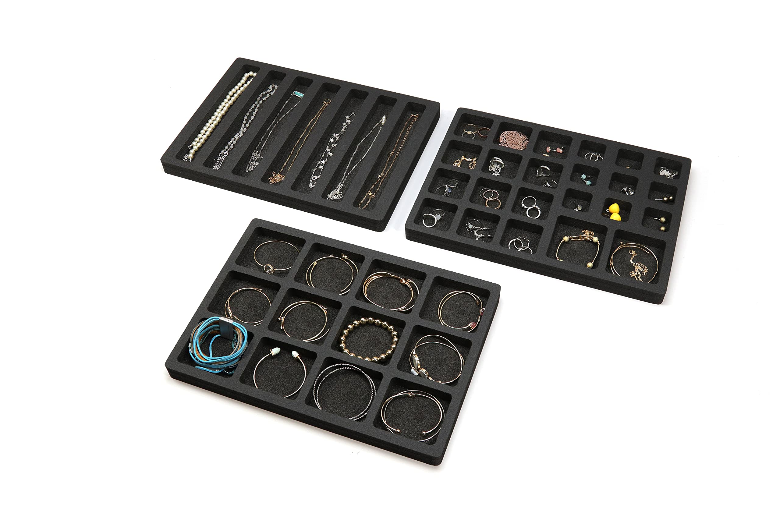 Polar Whale Stackable Jewelry Tray Display Organizer Grid for Home Bedroom Dresser Bathroom Vanity Drawer Durable Elegant Black Foam 14 x 10 Inches Bracelet Ear Ring Necklace and More 3 Piece Set