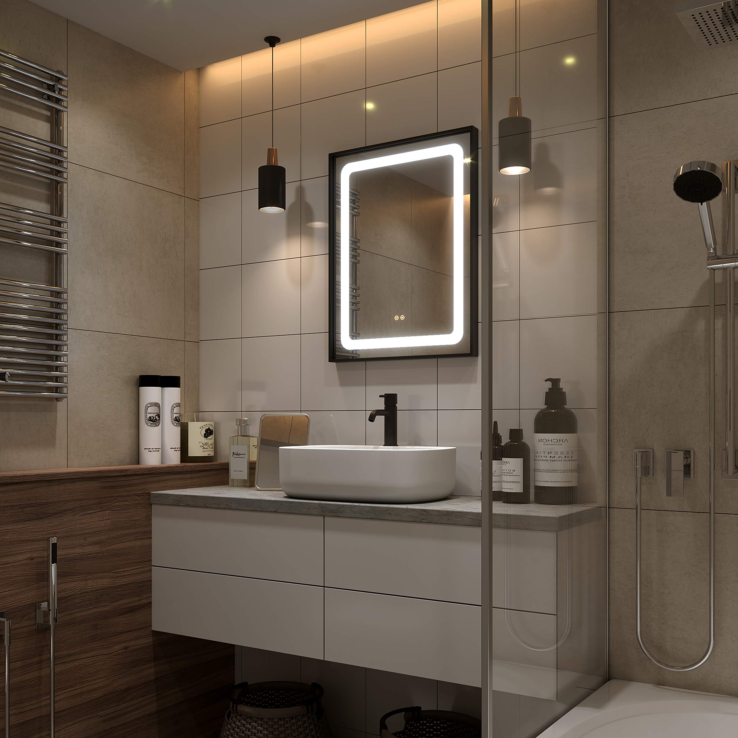 Petus PetusHouse 20 X 28 Inch LED Lighted Bathroom Mirrors, Black Frame Wall Mounted White Light Dimmable Defogger Memory Button Waterproof CRI>90, Vertical