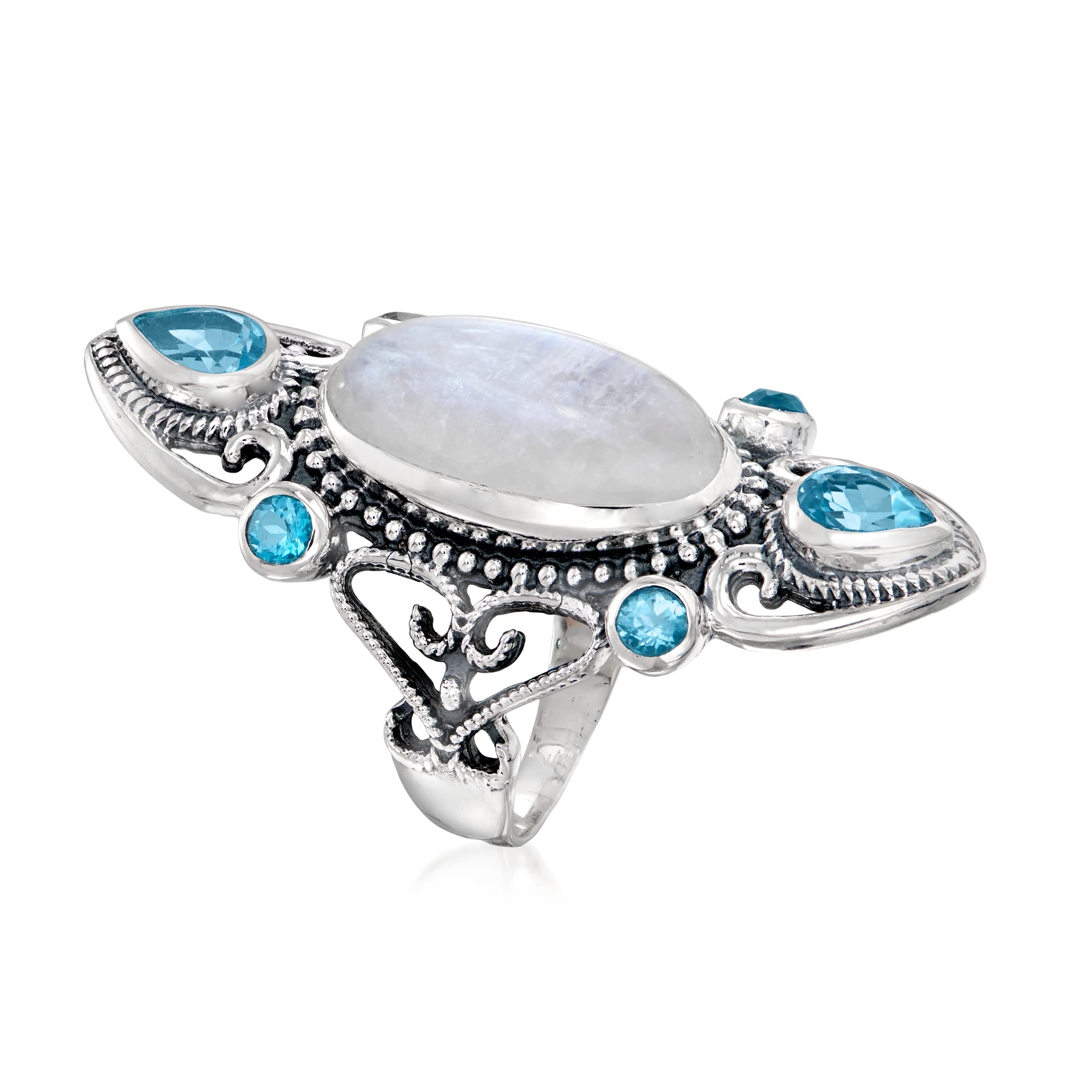 Ross-Simons Moonstone and 1.60 ct. t.w. Swiss Blue Topaz Ring in Sterling Silver. Size 8