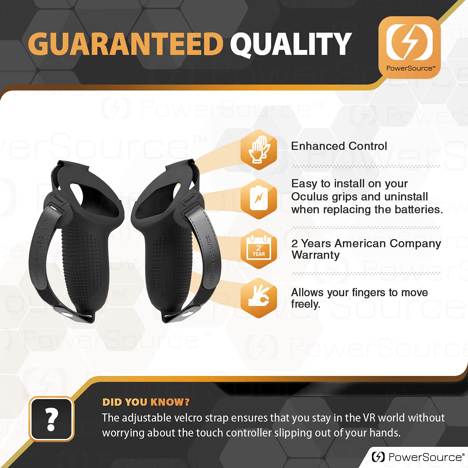 PowerSource Oculus Quest 2 VR Cover Grips, Silicone Unibody Design with Adjustable Reinforced Knuckle Handles and Anti-Throw Non-Slip Grip, Meta Quest Premium Controller Protector