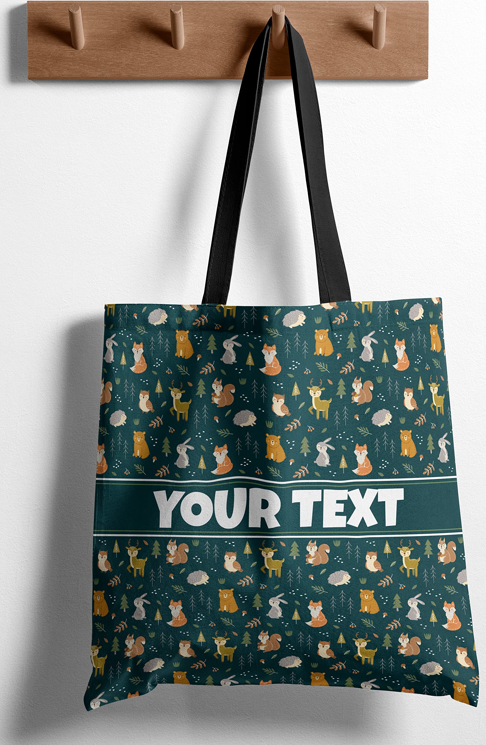Personalized Tote Bag for Kids - Woodland Animals, Custom Name/Text, Reusable w/ Straps, Canvas Cloth Fabric, Customized Gift Idea for Boys/Girls/Children, Birthday/Christmas/Holiday Present, 13x13"