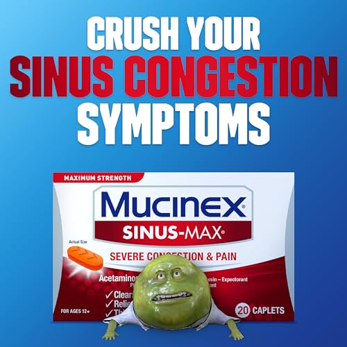 Mucinex Sinus Max Severe Congestion & Pain Relief, Maximum Strength Nasal & Sinus Relief, Decongestant for Adults, Acetaminophen Pain Reliever, Guaifenesin Expectorant and Mucus Removal, 20 Caplets