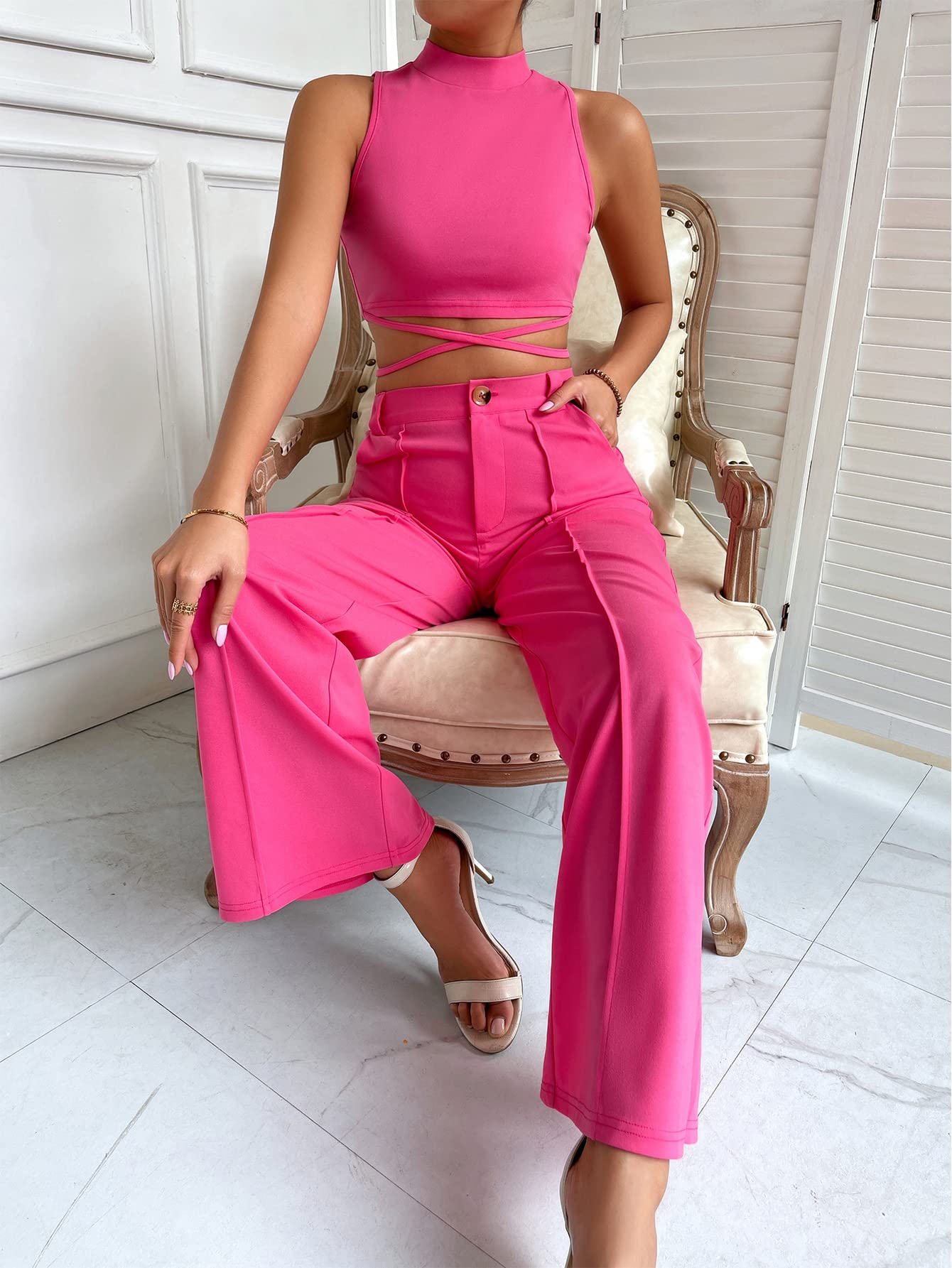 MakeMeChic Women's 2 Piece Outfits Mock Neck Criss Cross Crop Tank Top and Wide Leg Pants Set Hot Pink L