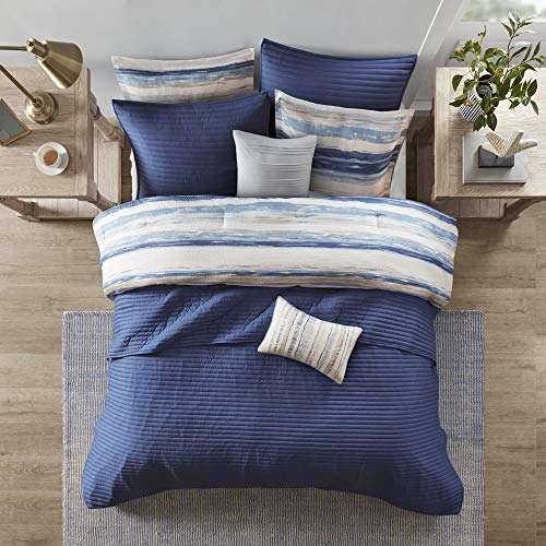 Madison Park Marina Comforter Quilt Combo Set - Modern Luxury Design, All Season Down Alternative Bedding, Matching Shams, Decorative Pillows, King/Cal King(104"x92") Seersucker Blue 8 Piece