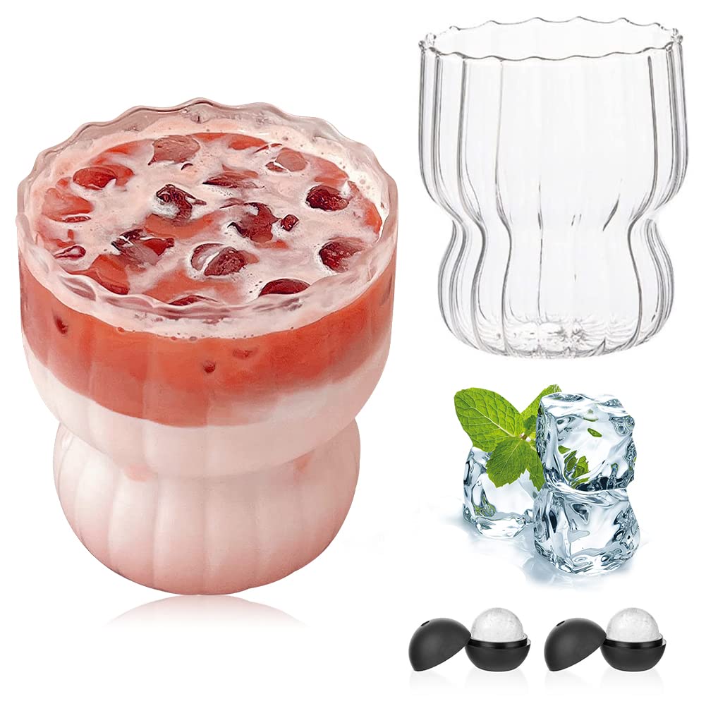 Peyan Ribbed Glass Cups,2 Pcs 9 Oz Origami Style Cups with 2 Iced Ball Molds,Vertical Stripes Bubble Glasses Drinking,Ribbed Glassware,Bubble Cups,Ripple Glassware,Ribbed Drinking, 20x15cm