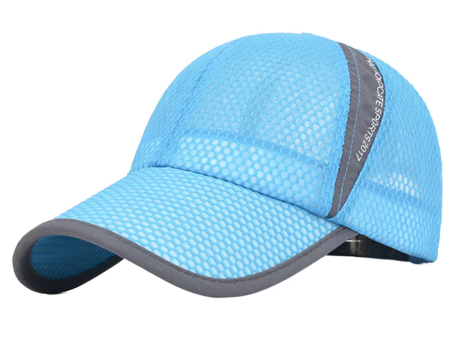 Mens Quick-Dry Sports Big Brim UV Protect Peaked Mesh Letter Printed Fashion Baseball Hat Cap Light Blue
