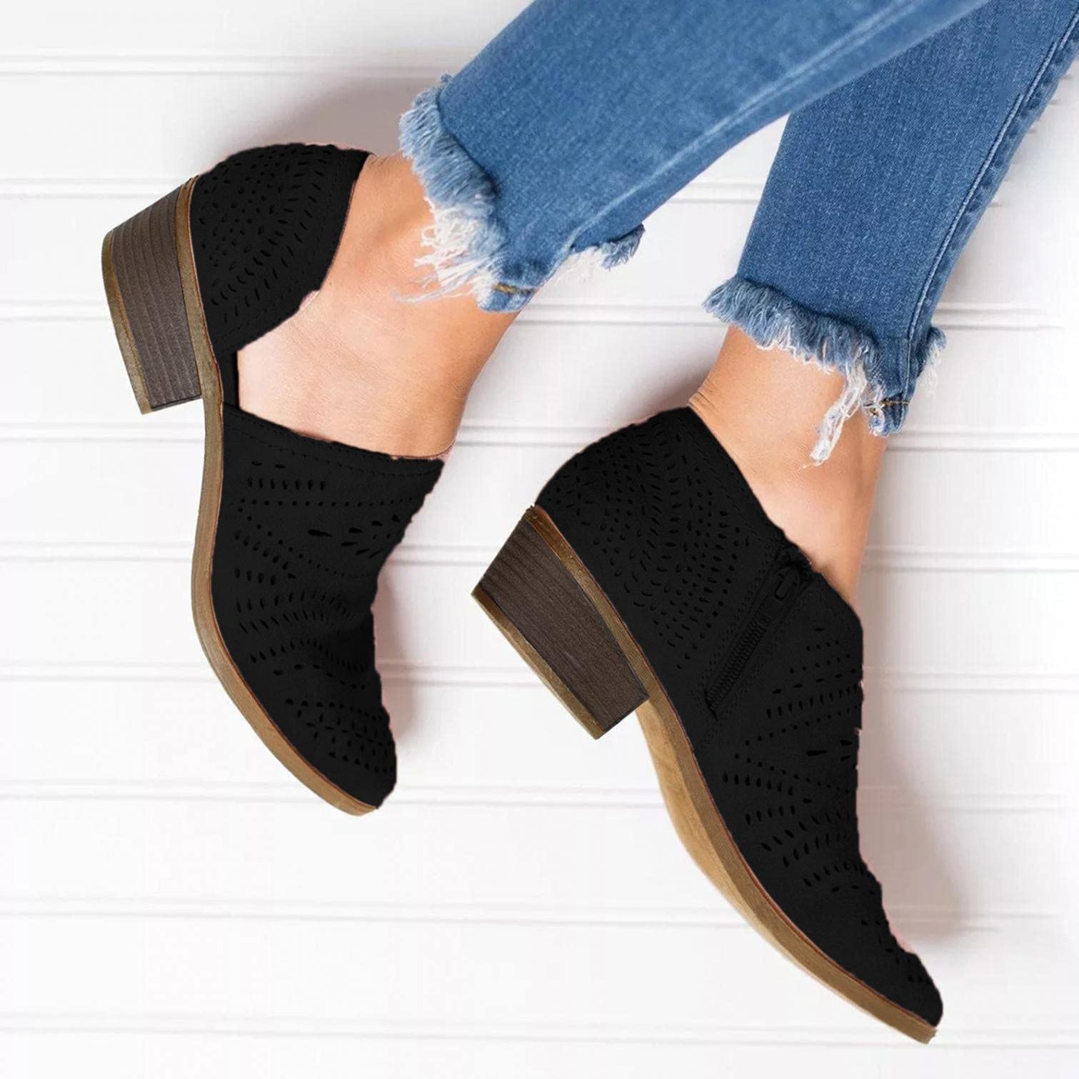 NOLDARES Boots for Women Low Heel Ankle Boots V Cutout Winter Warm Stacked Chunky Heel Outdoor Short Booties, Z2 Black, 10
