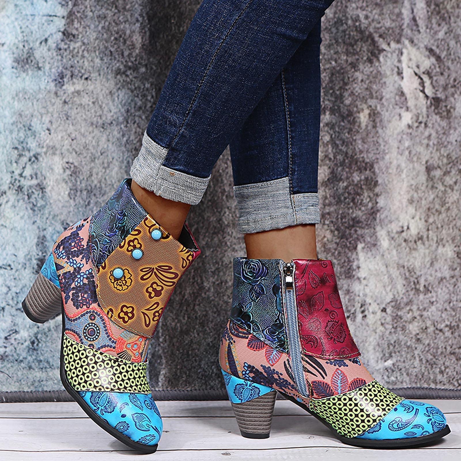 NOLDARES Cowboy Boots for Women Chunky High Heels Retro Zipper Boots Colorful Printed Booties Point-Toe Boots for Women, Multicolor, 10