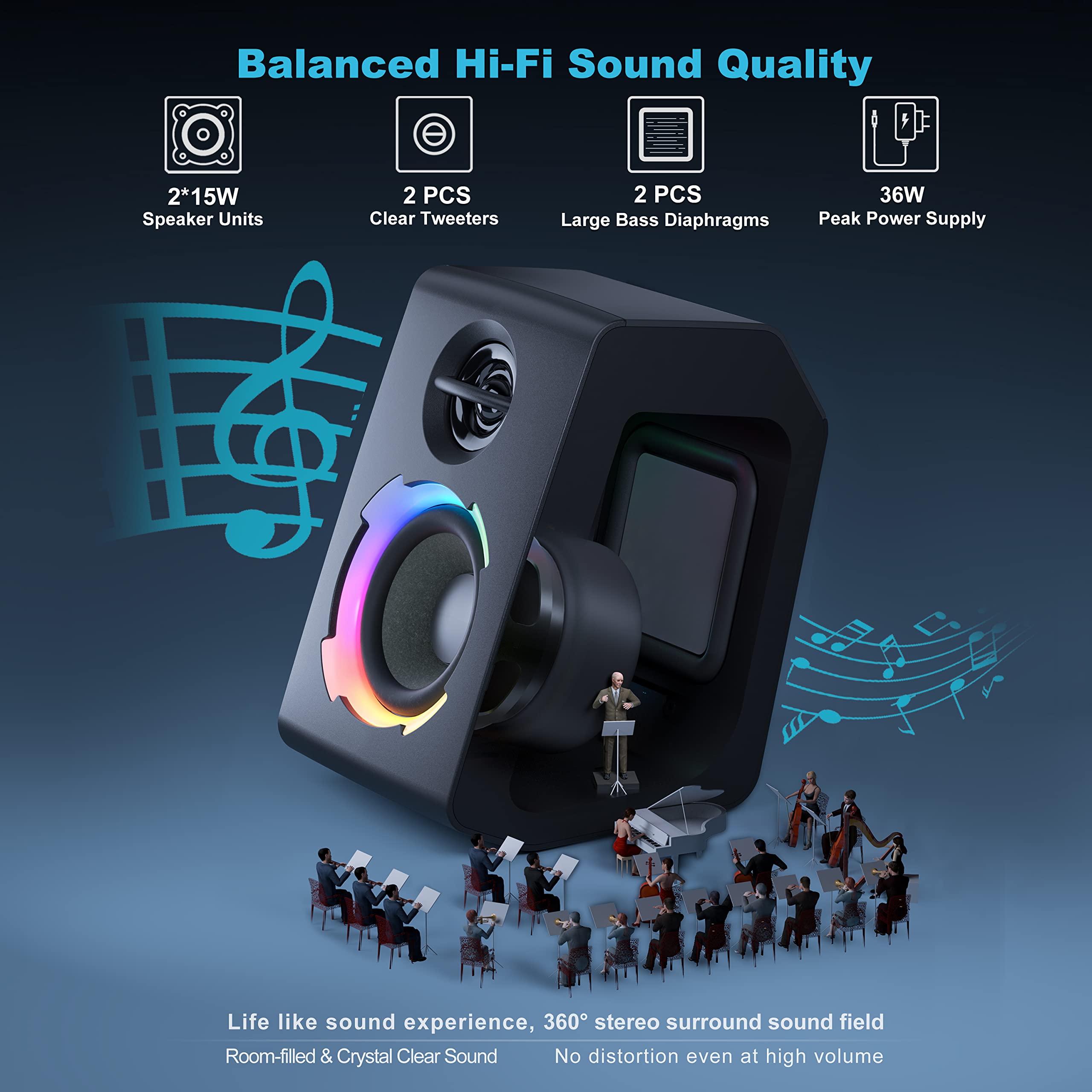 weenon Computer Speakers Desktop, Compact Dynamic RGB PC Gaming Speaker with Clear Case Subwoofer Surround Sound Bluetooth 5.0, 12 RGB Modes, Built-in Mic for PC Monitor, Laptop, 12V2A